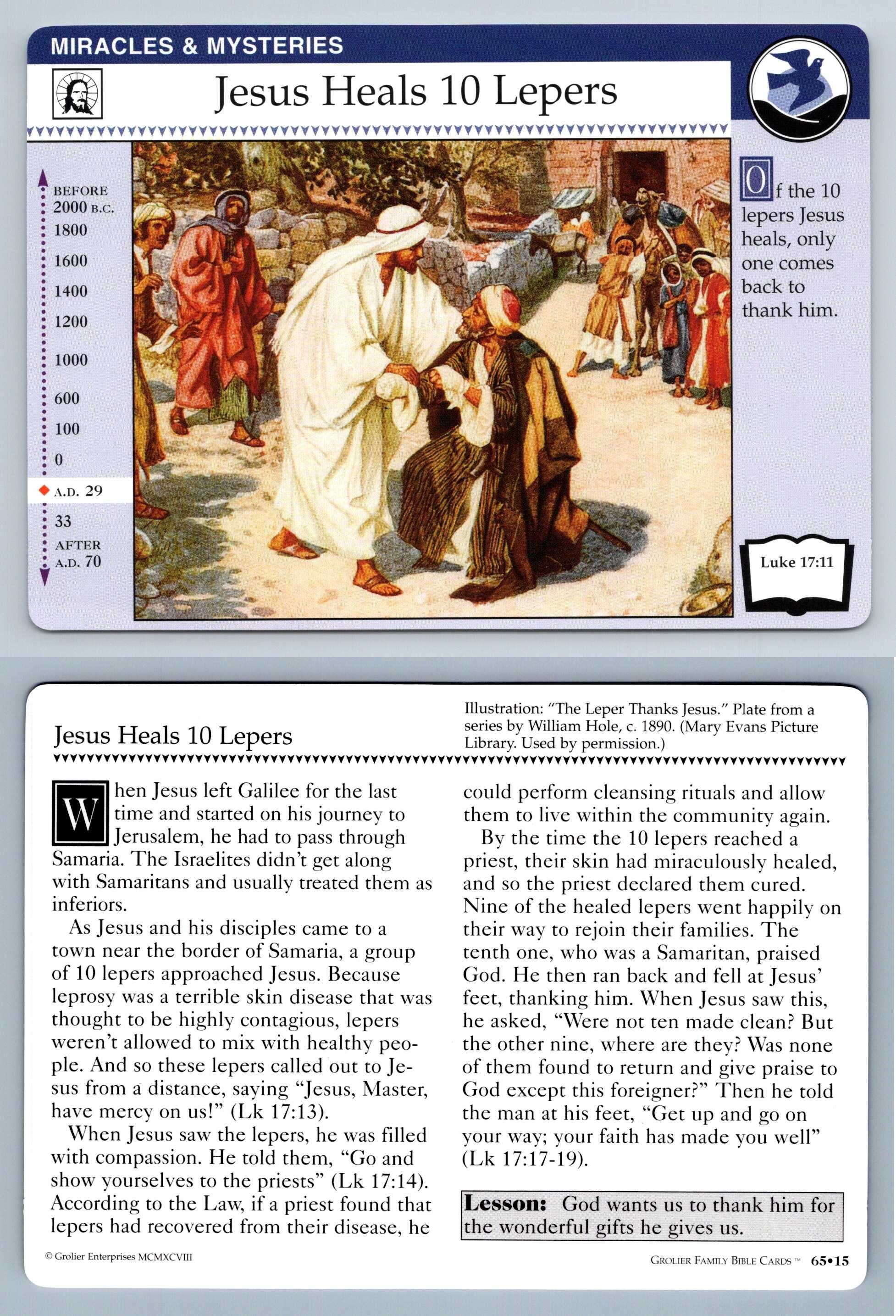 Jesus Heals 10 Lepers #65.15 Miracles - Family Bible 1994-2001 Grolier Card