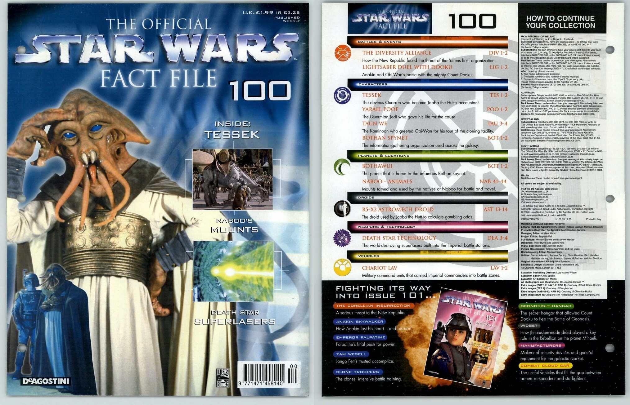 Tessek #100 Star Wars Fact File Page - Front Cover Only