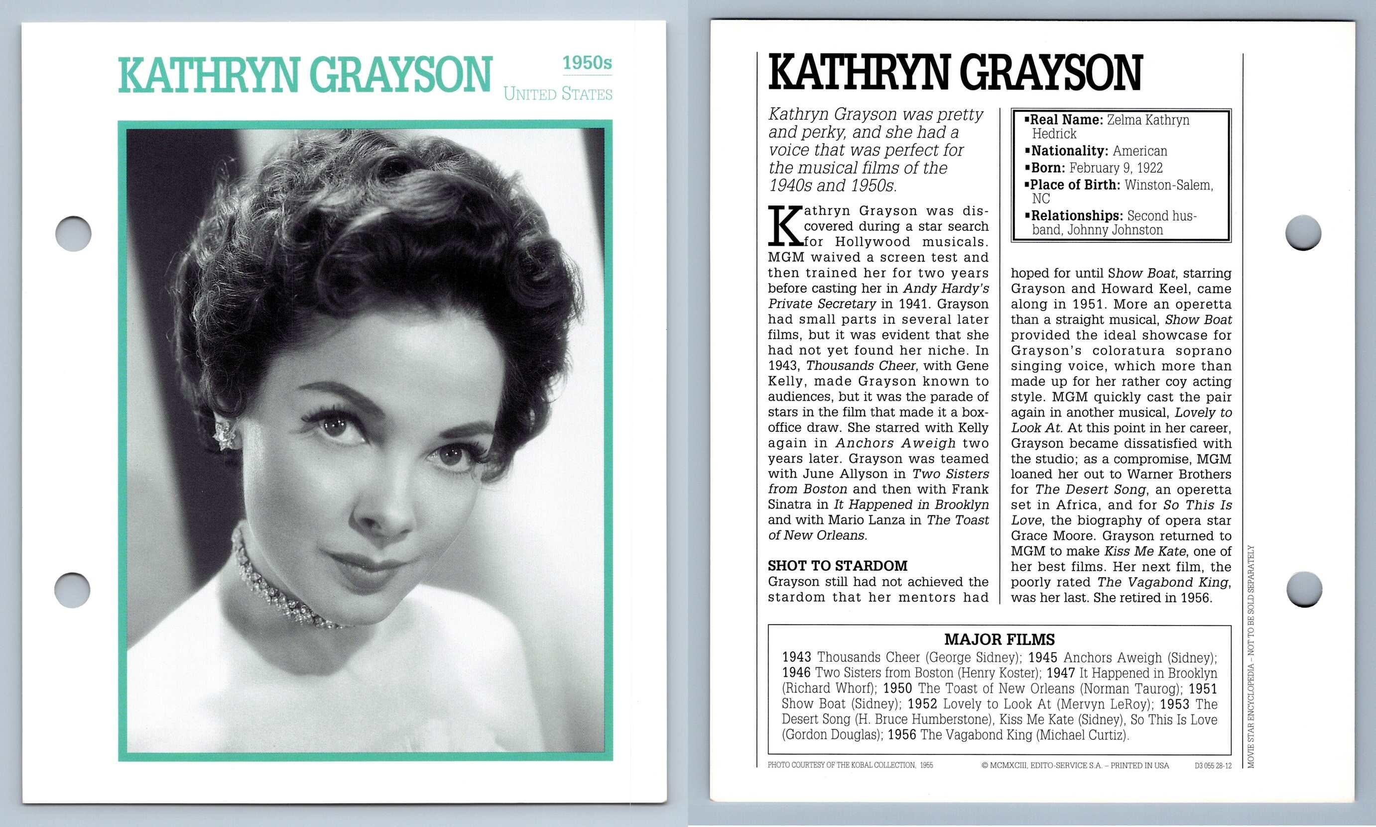 Kathryn Grayson - 1950's Atlas Editions Movie Star Card