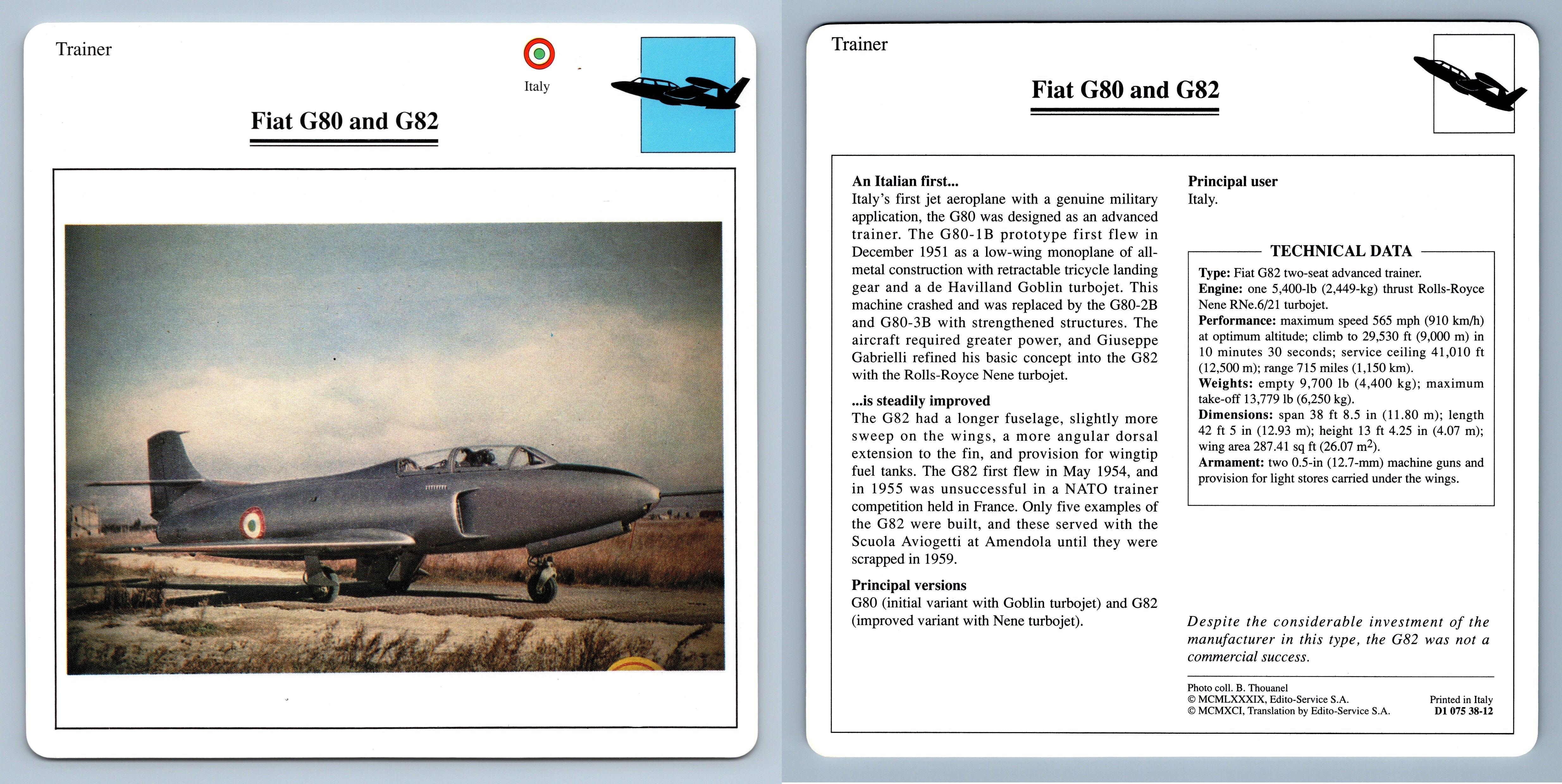 Fiat G.80 & G.82 - Trainer - Warplanes Collectors Club Card