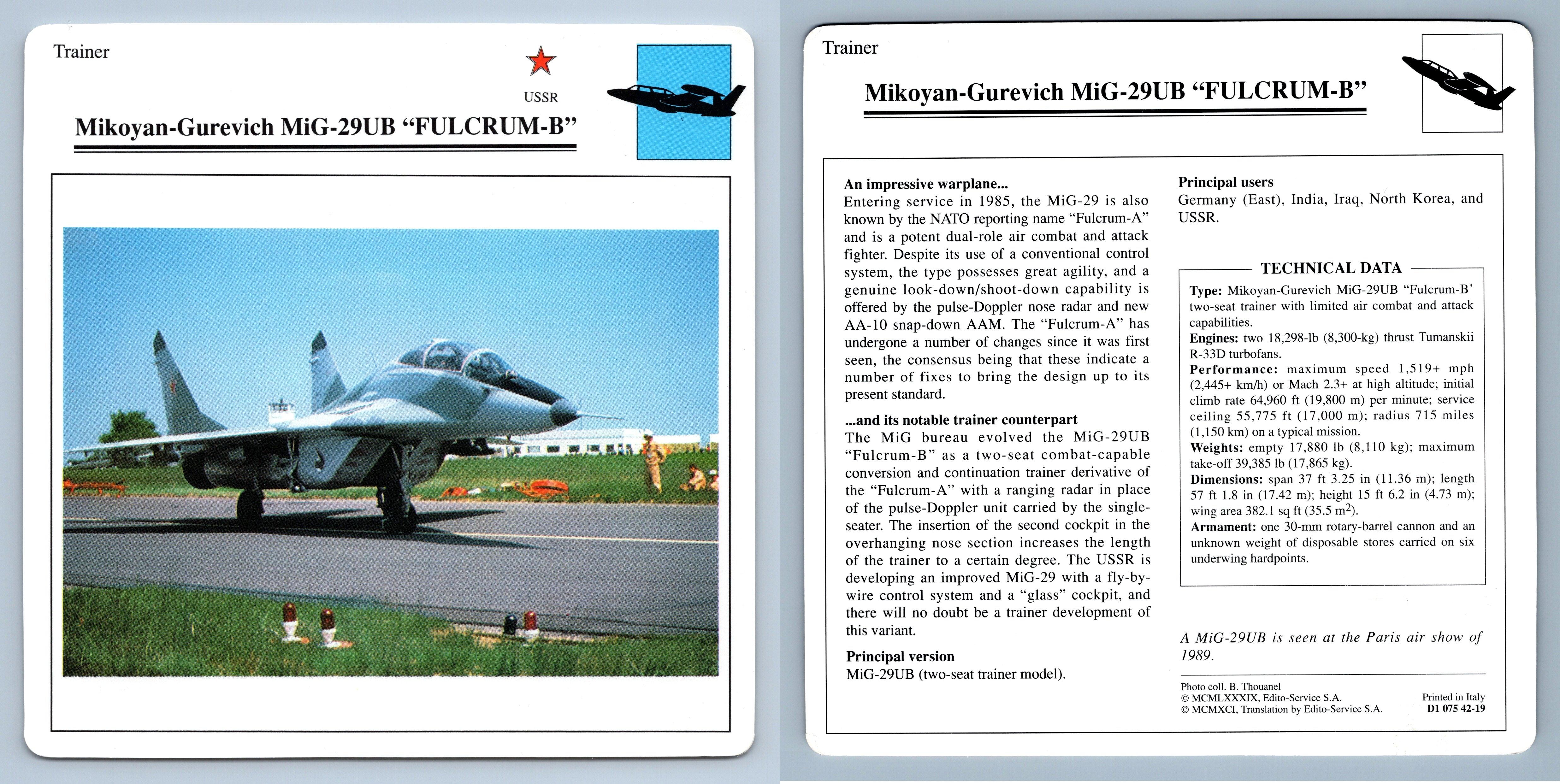 Mikoyan-Gurevich MiG-29UB "Fulcrum-B" - Trainer - Warplanes Collectors ...