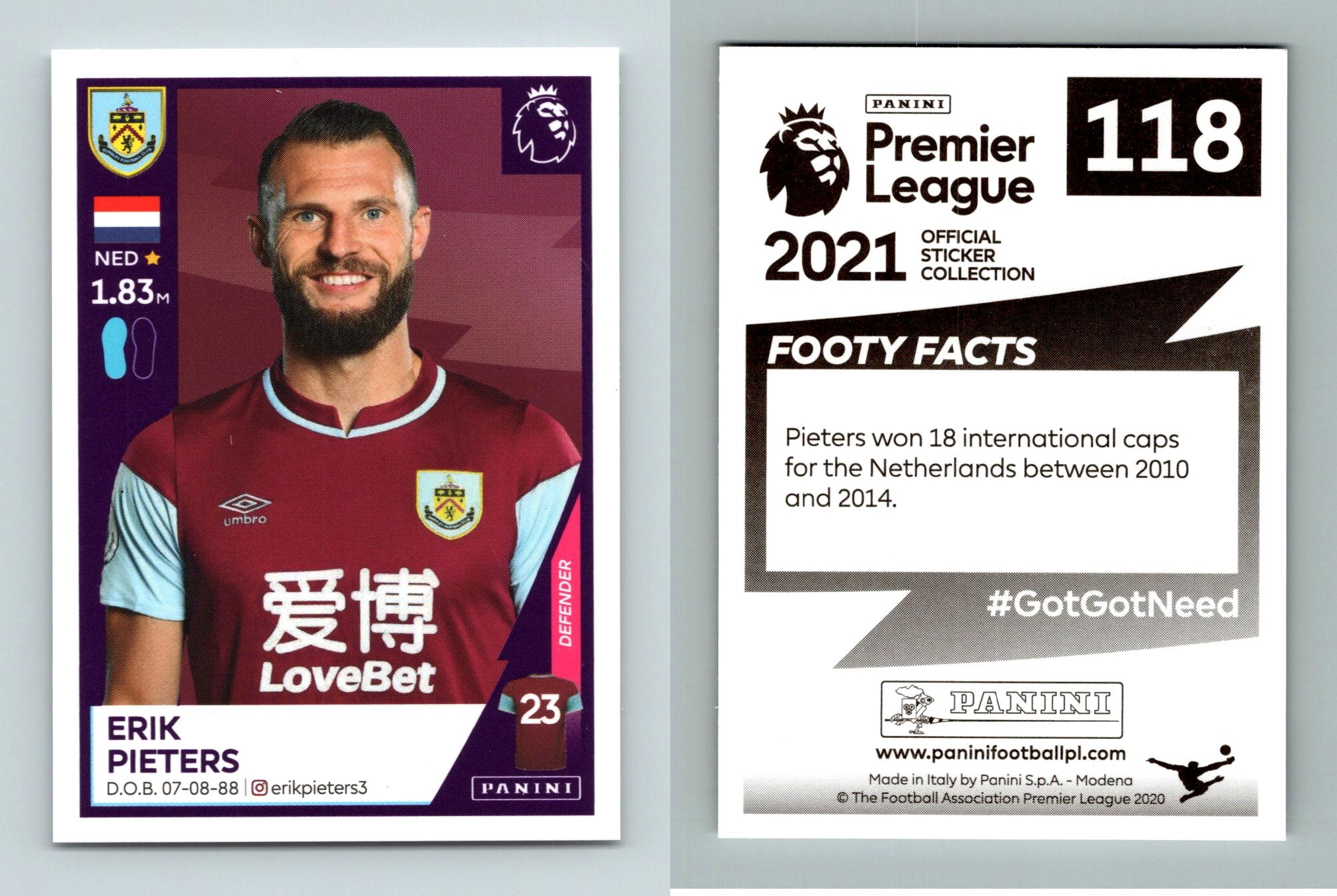 Erik Pieters - Burnley #118 Premier League 2020/21 Panini Sticker