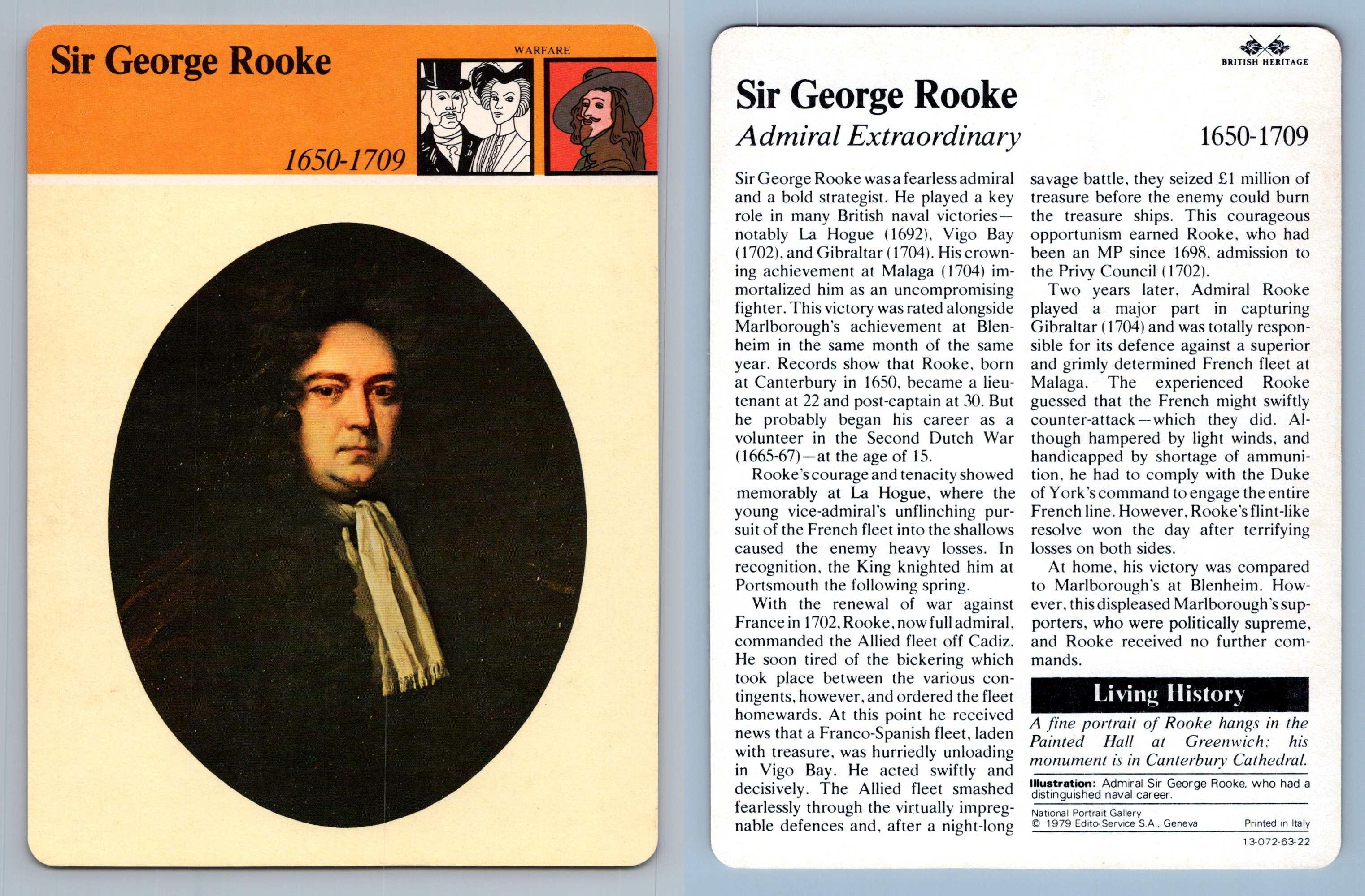 Sir George Rooke - Warfare - British Heritage Edito-Service SA 1979 Card