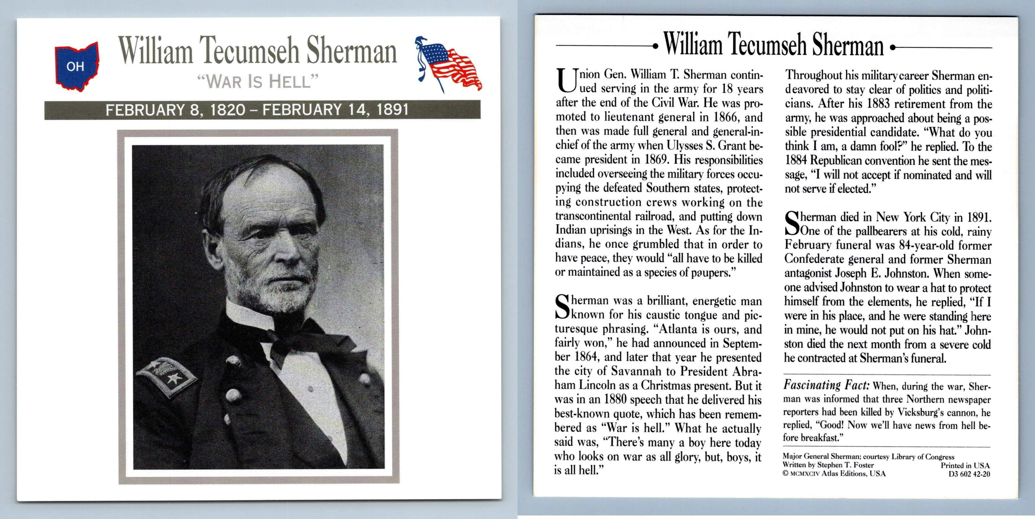 War Is Hell - William Tecumseh Sherman - Atlas Ed. Civil War Card