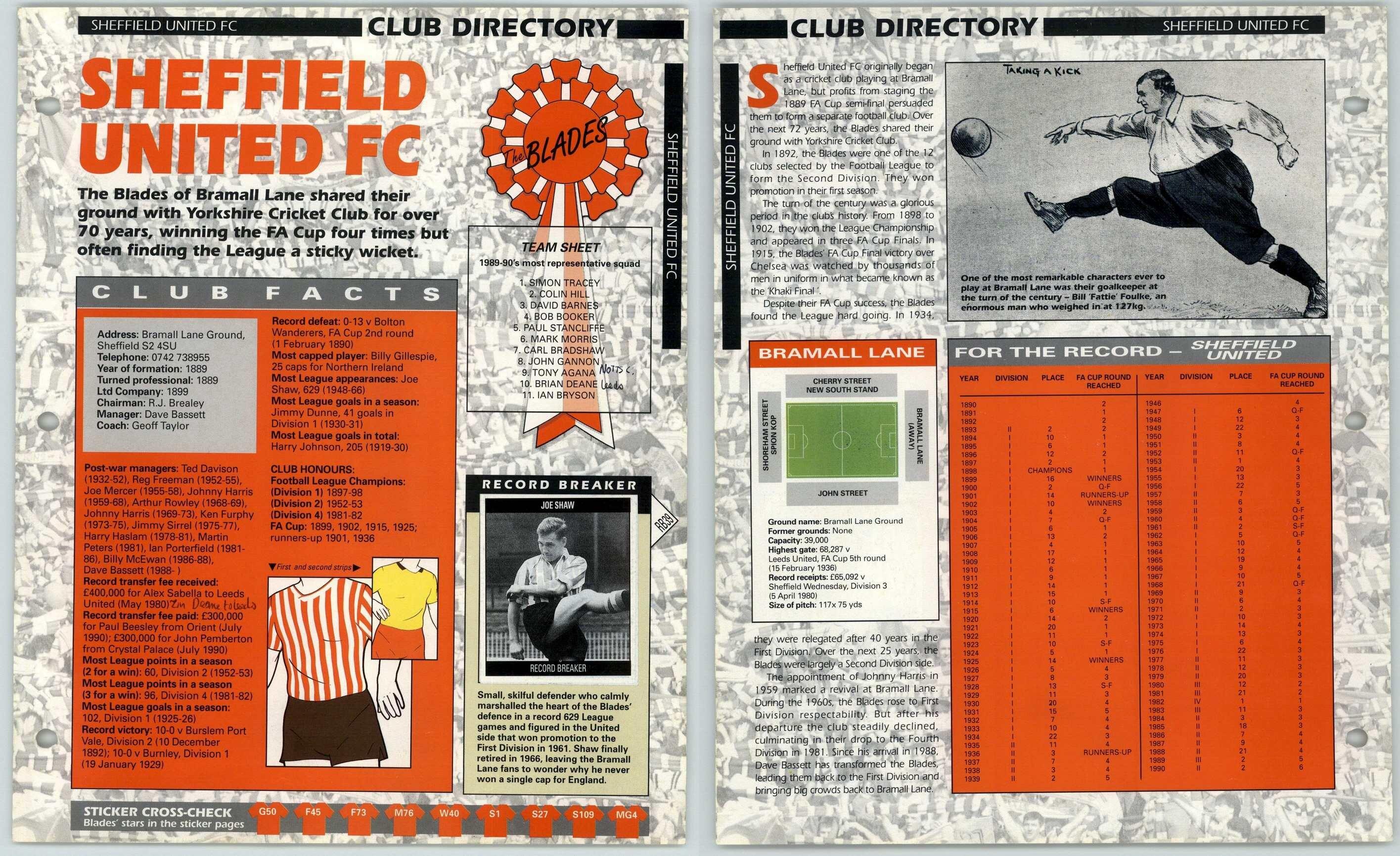 Sheffield United FC - Club - Orbis Football Collection 1990-91 pagina e adesivo