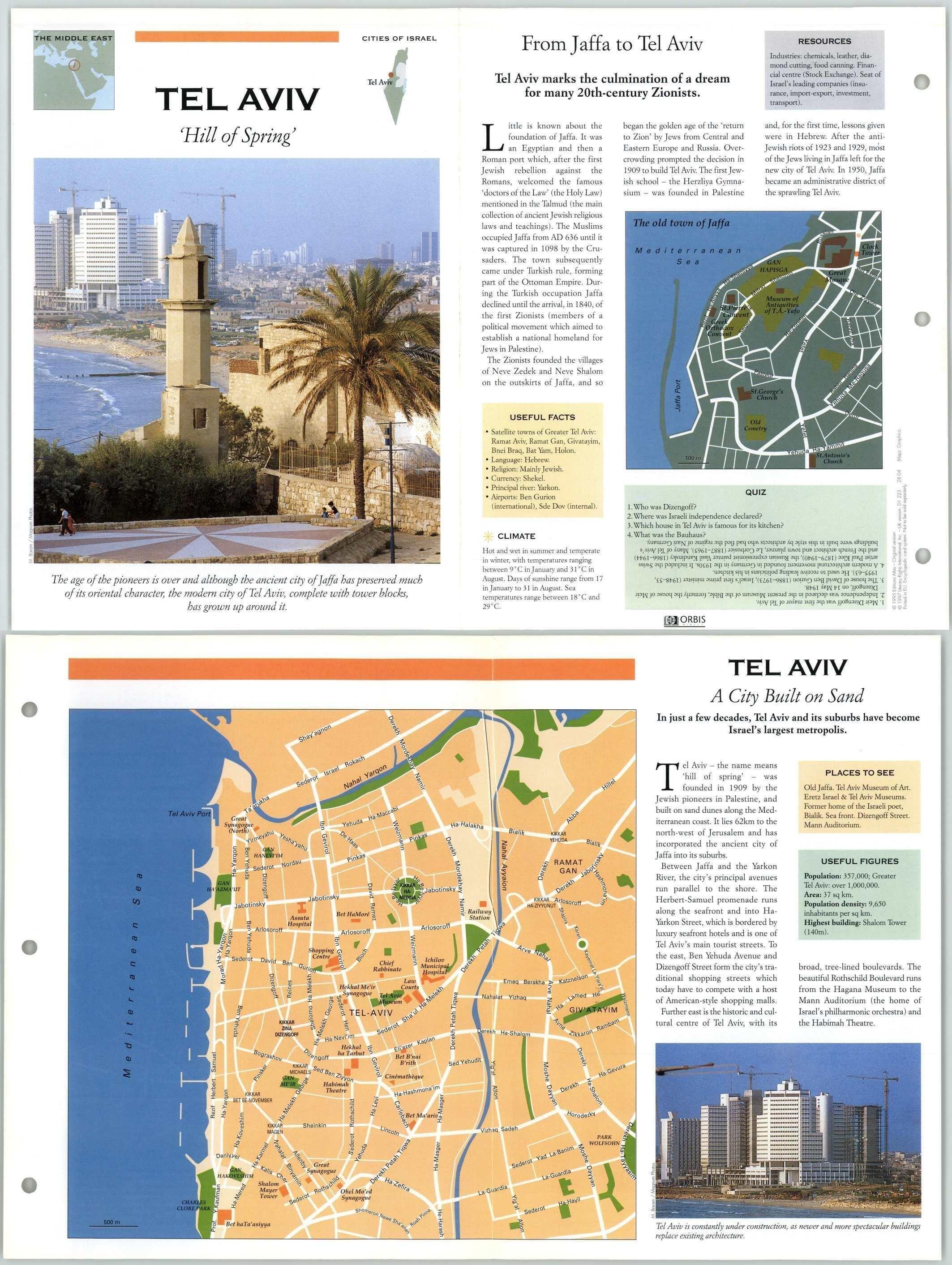 Tel Aviv - Middle East - Atlas Of The World Fact File Fold-Out Page