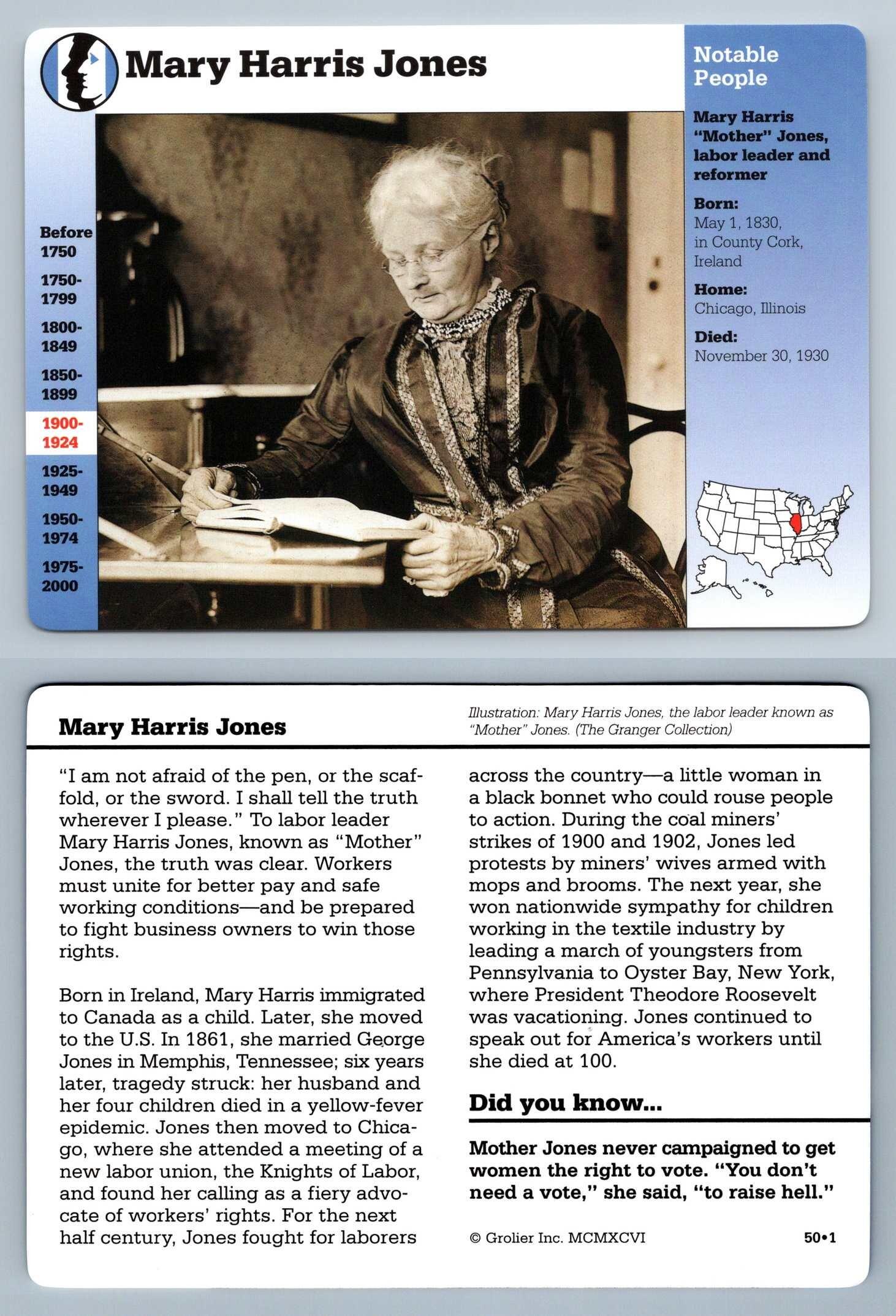 Mary Harris Jones #50.1 Notable People - Story Of America Grolier Card