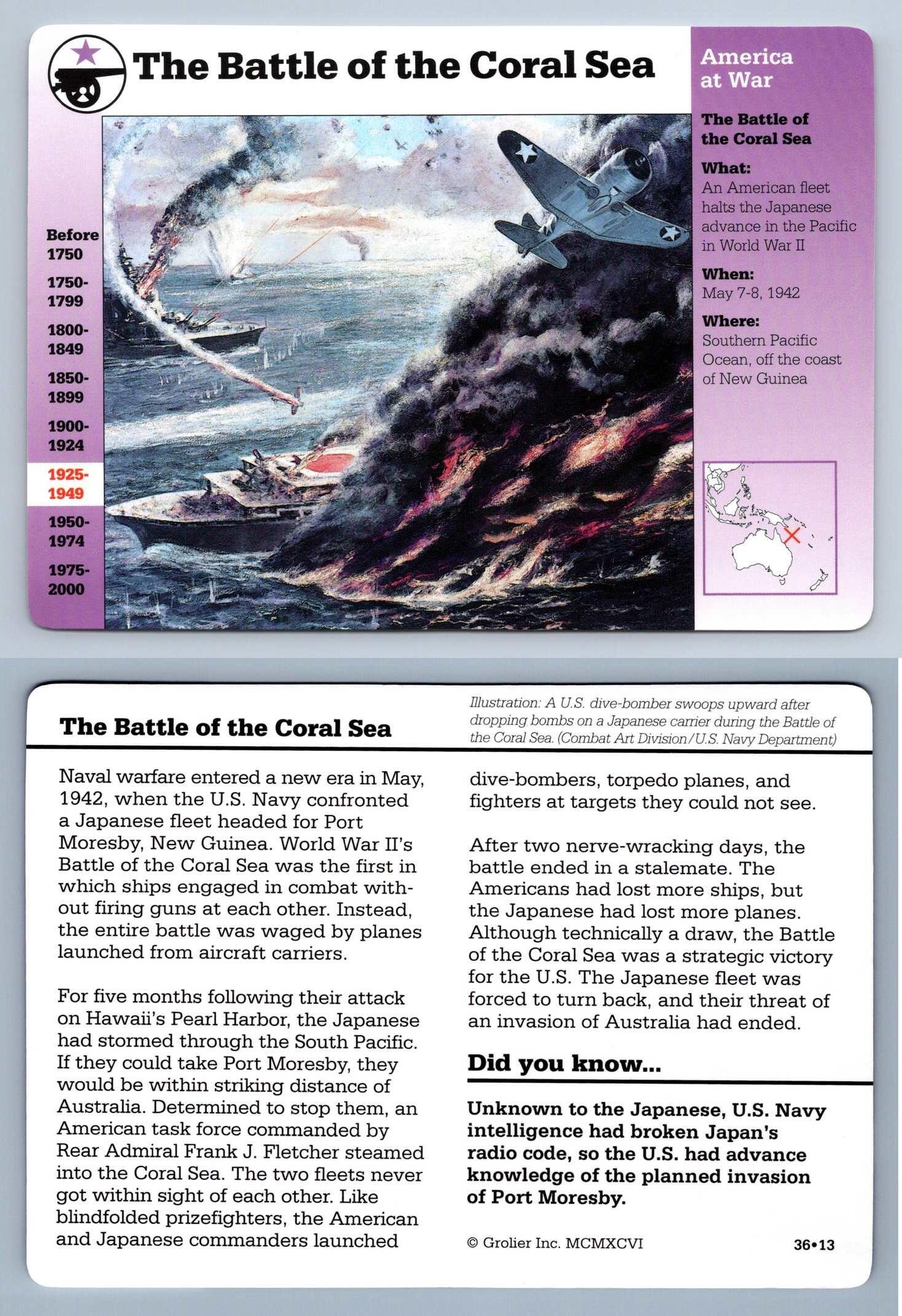 The Battle Of The Coral Sea #36.13 - War - Story Of America Grolier Card