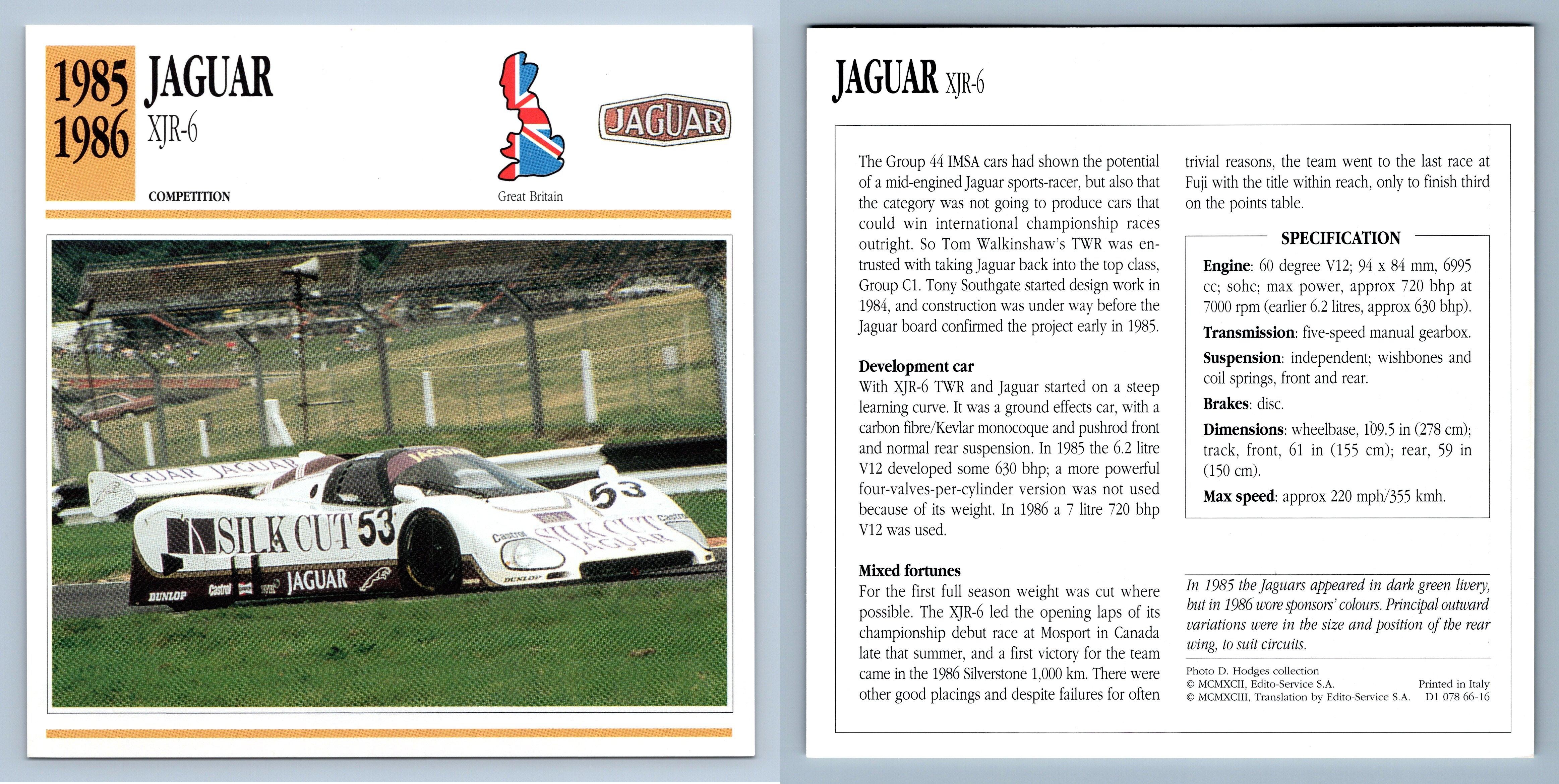 Jaguar - XJR-6 - 1985-6 Competition - Classic Cars Collectors Club Card