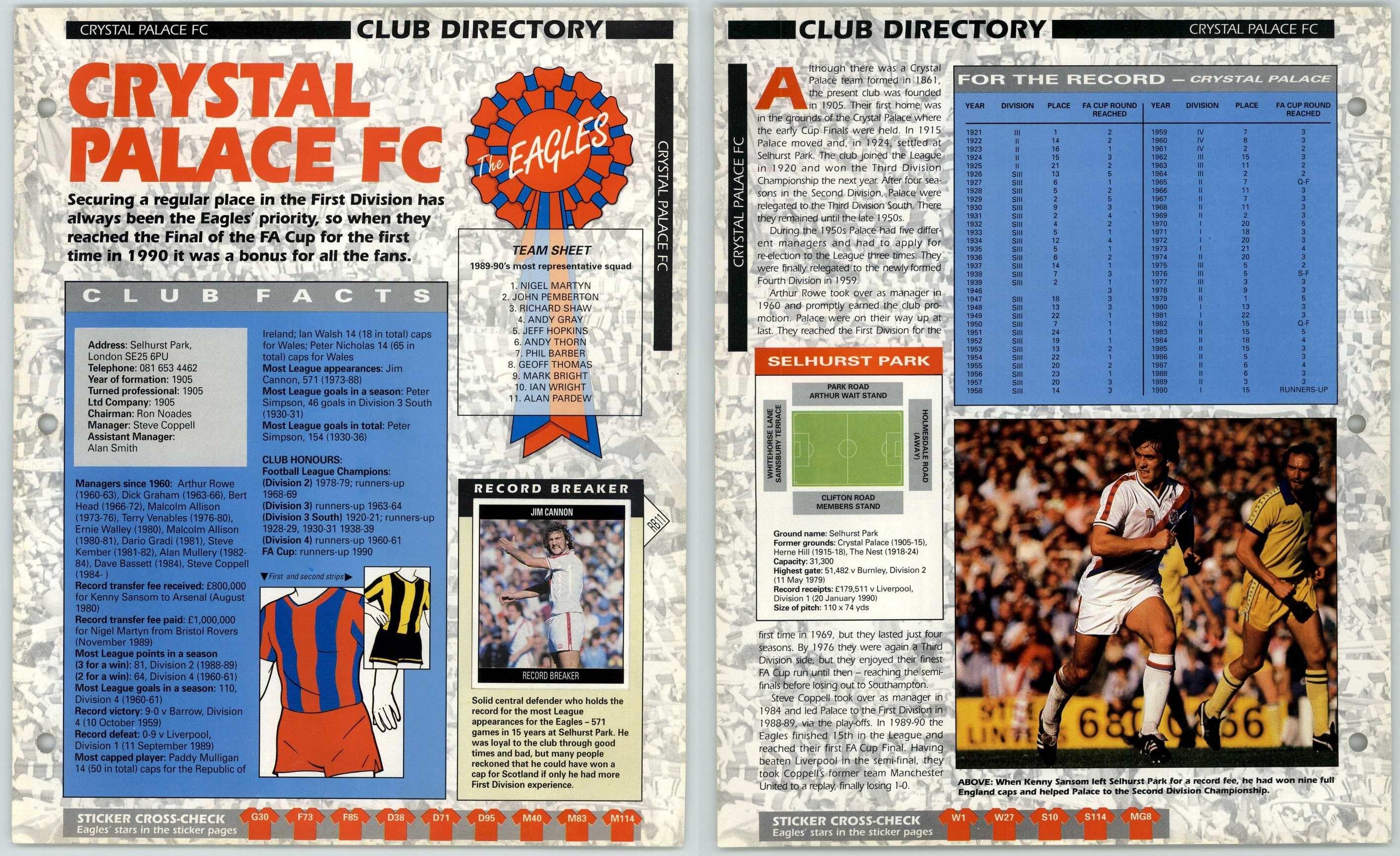 Crystal Palace FC - Club - Orbis Football Collection 1990-91 pagina e adesivo