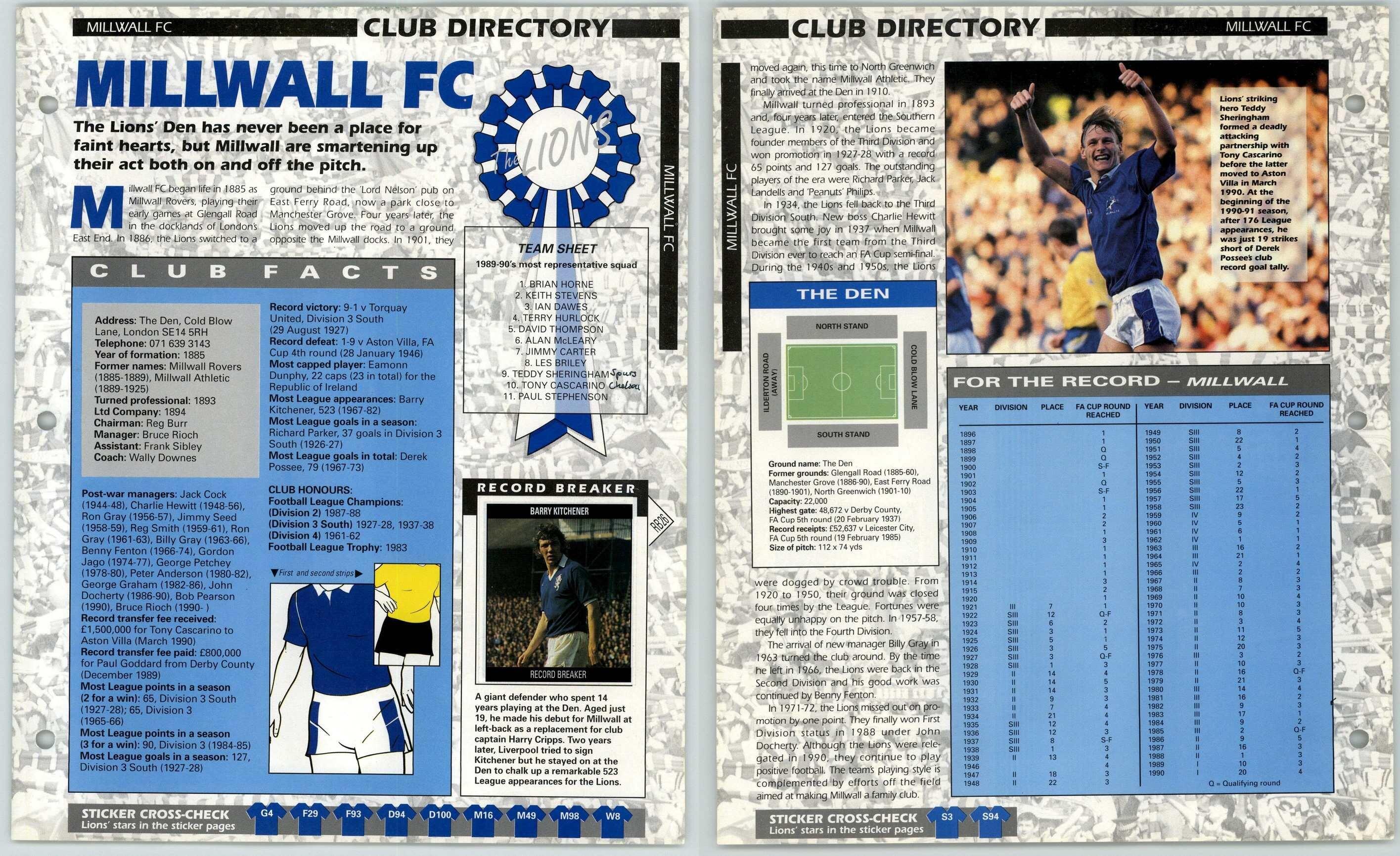 Millwall FC - Club - Orbis Football Collection 1990-91 Page & Sticker ...