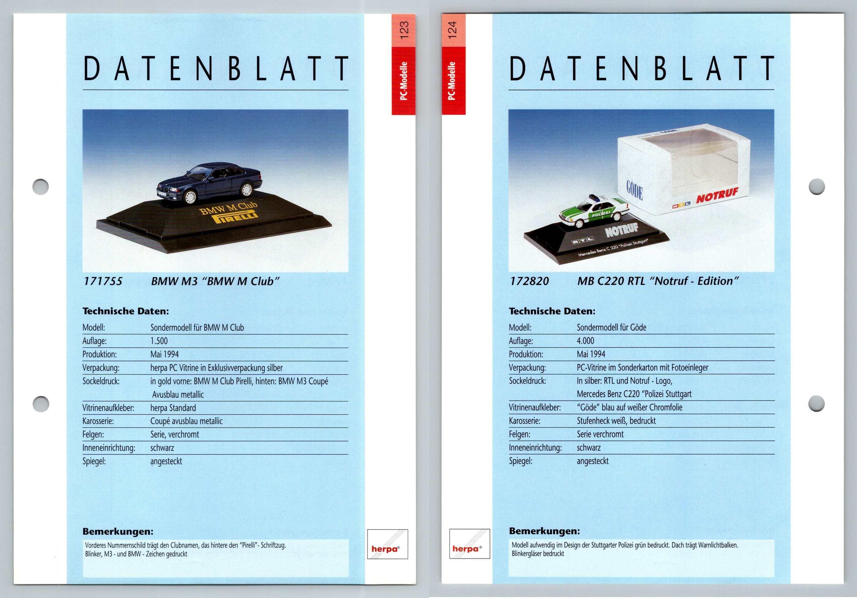 BMW M3 / Mercedes Benz C220 RTL #123/24 PC-Modelle Datenblatt - Herpa ...