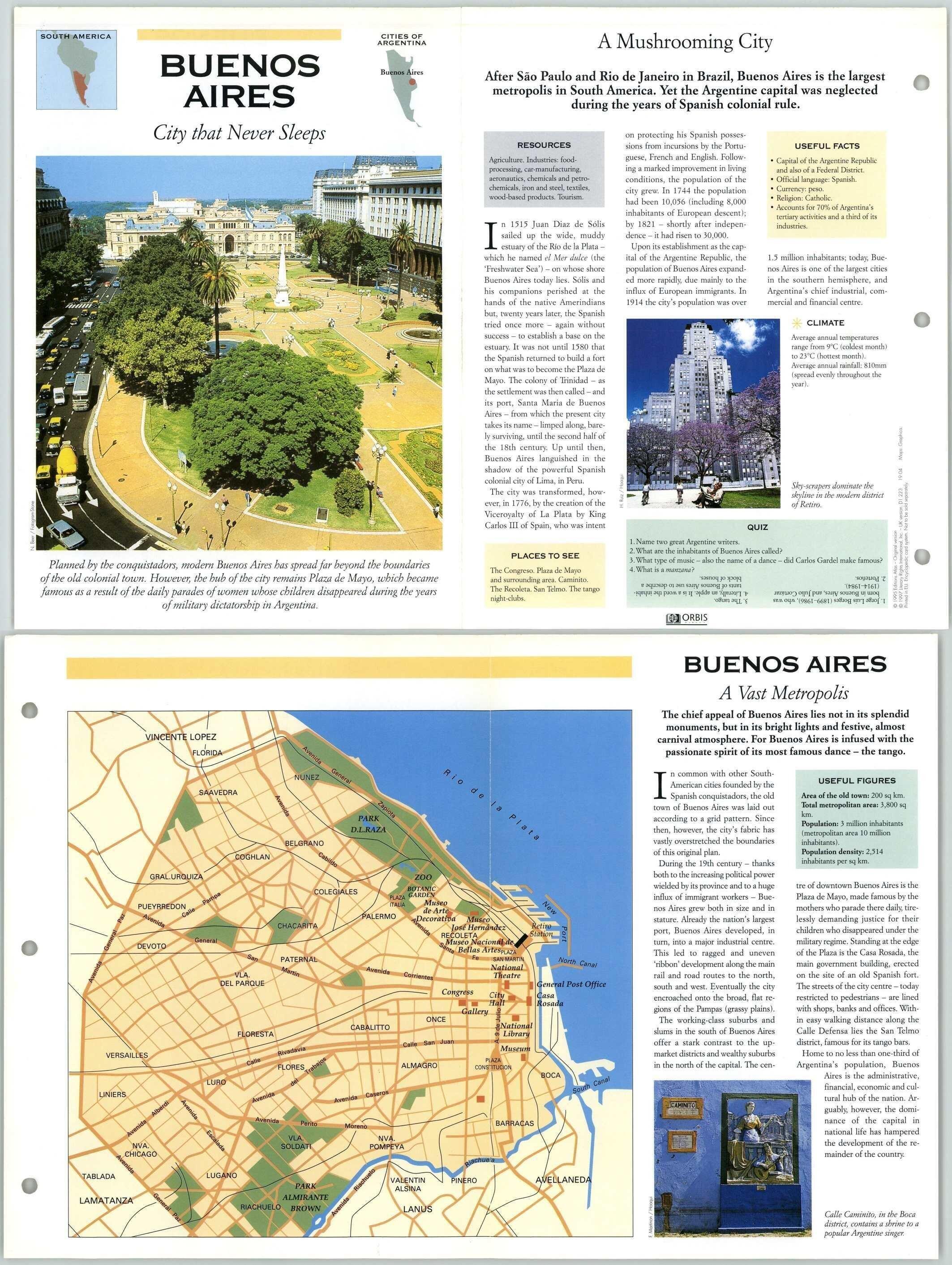 Buenos Aires - South America - Atlas Of The World Fact File Fold-Out Page