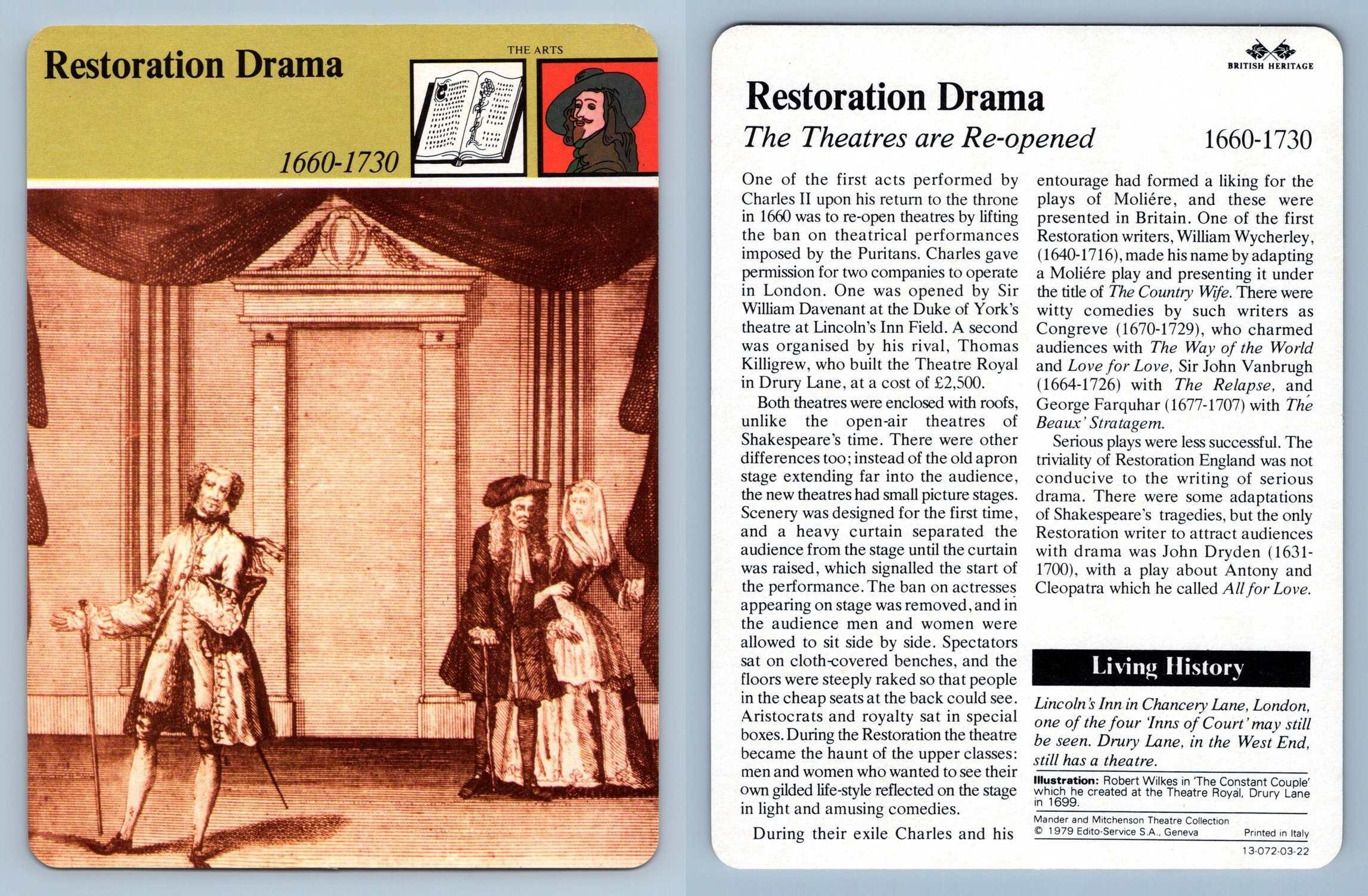 Restoration Drama - The Arts - British Heritage Edito-Service SA 1979 Card