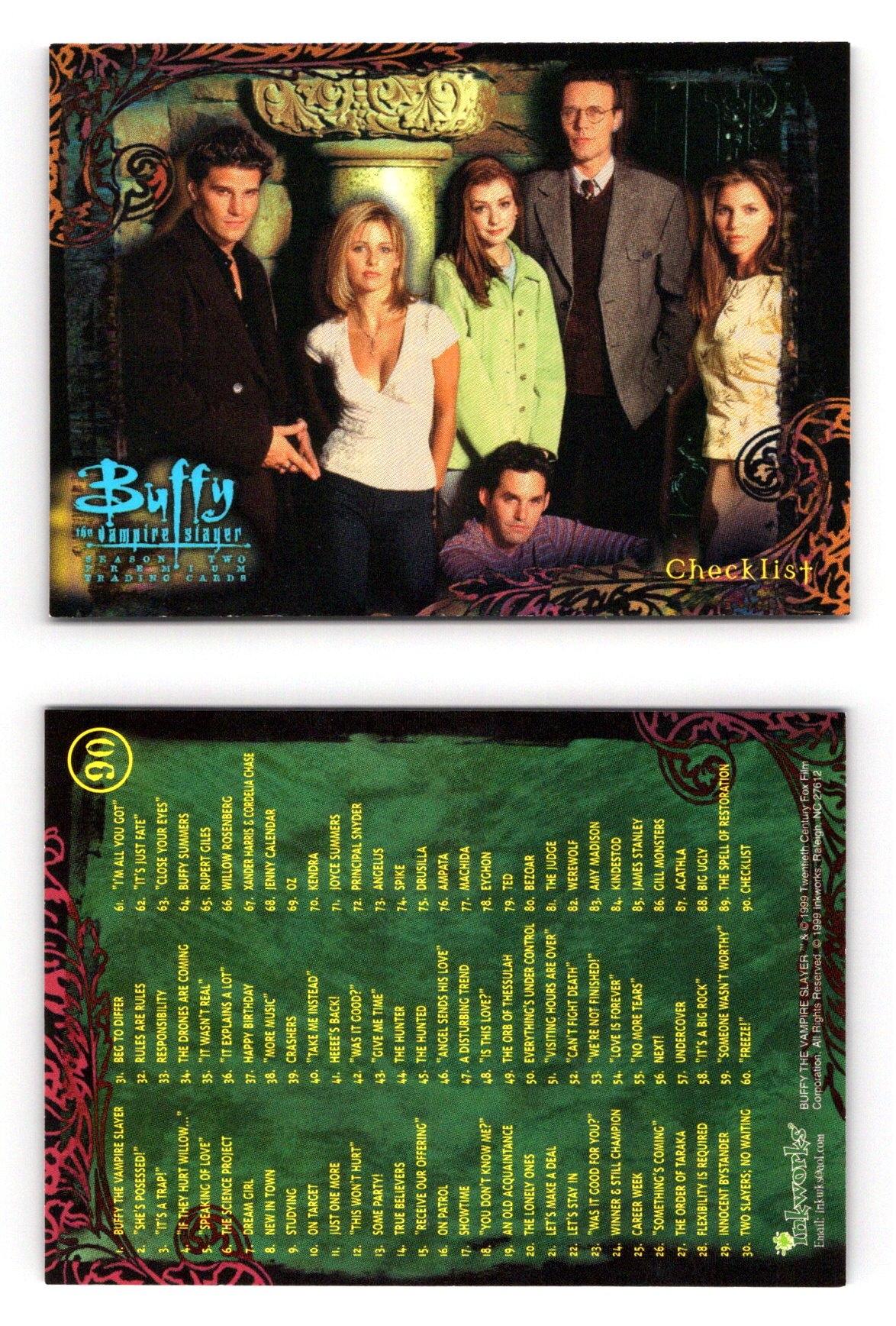 Checklist 90 Buffy The Vampire Slayer Season 2 Inkworks 1999 Trading Card
