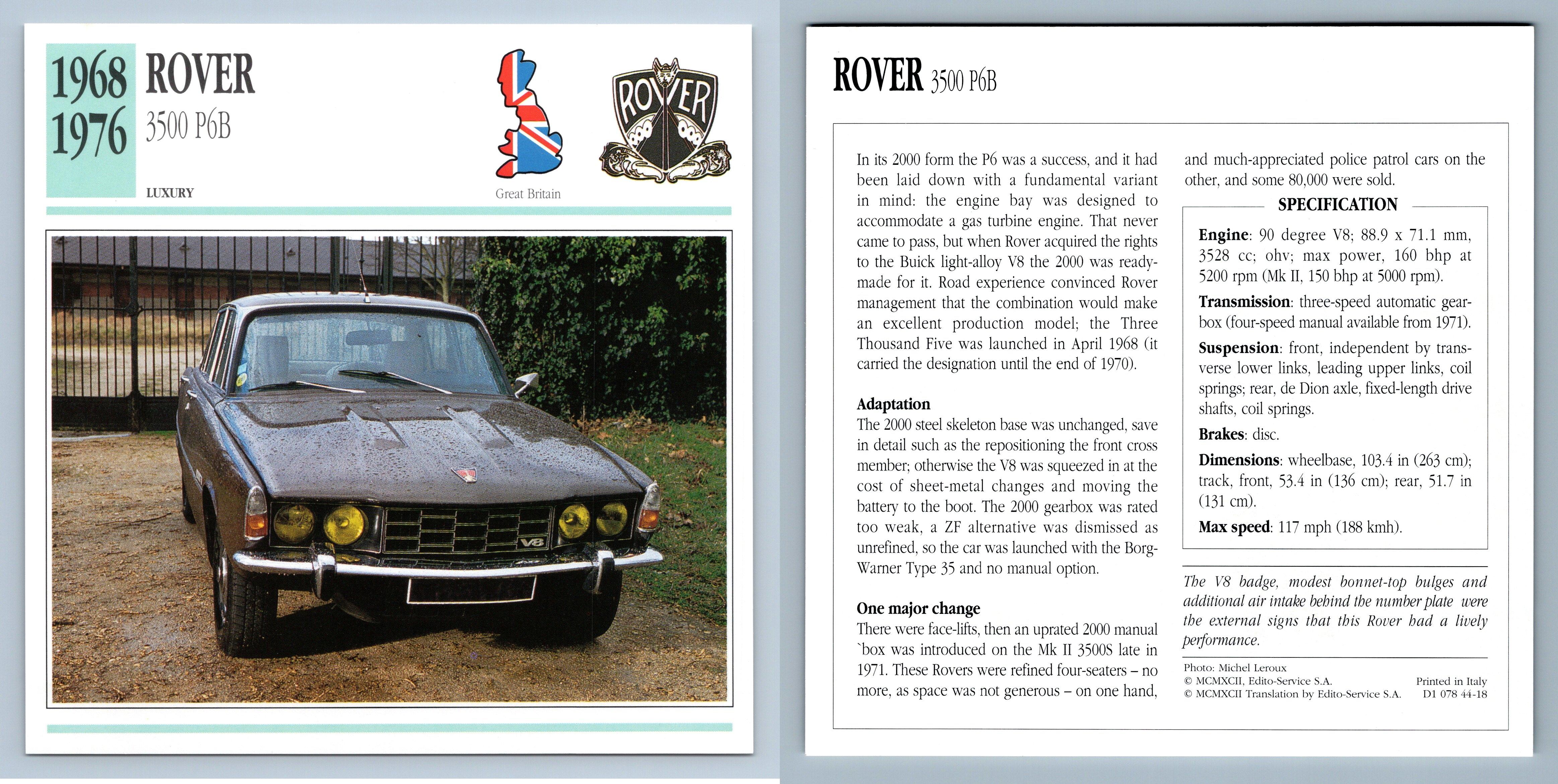 Rover - 3500 P6B - 1968-76 Luxury - Classic Cars Collectors Club Card