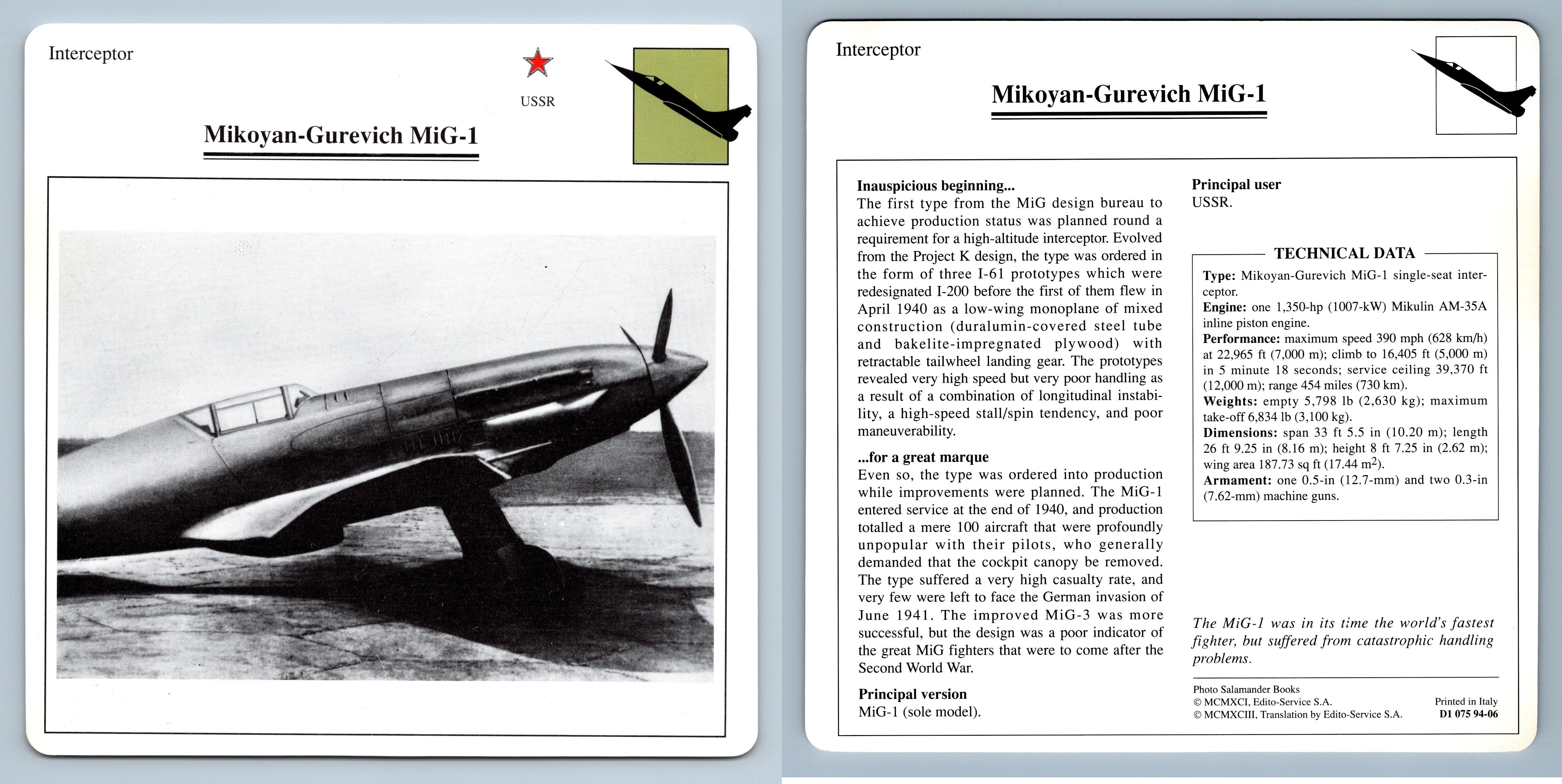 Mikoyan-Gurevich MiG-1 - Interceptor - Warplanes Collectors Club Card