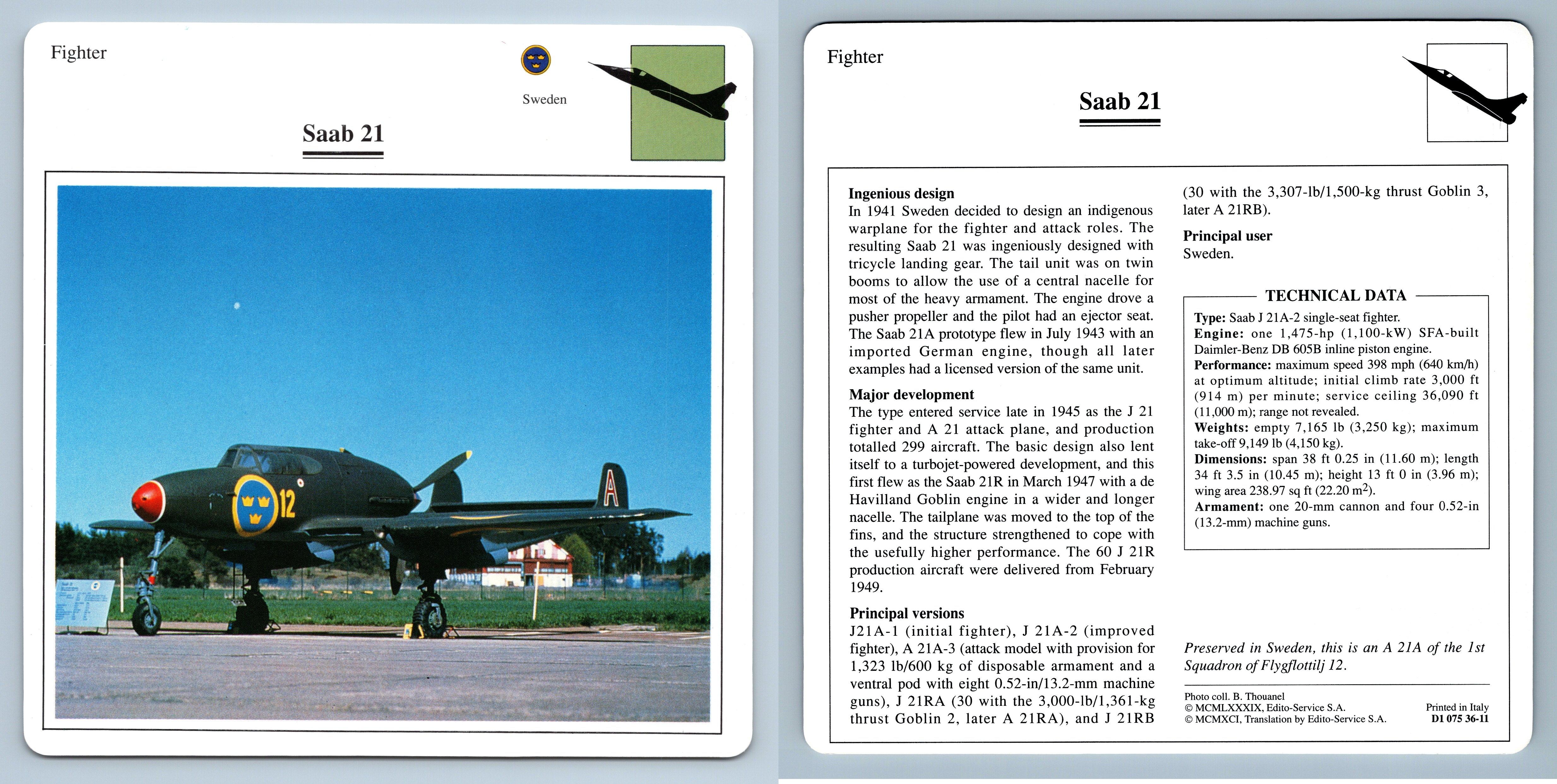 Saab 21 - Fighter - Warplanes Collectors Club Card