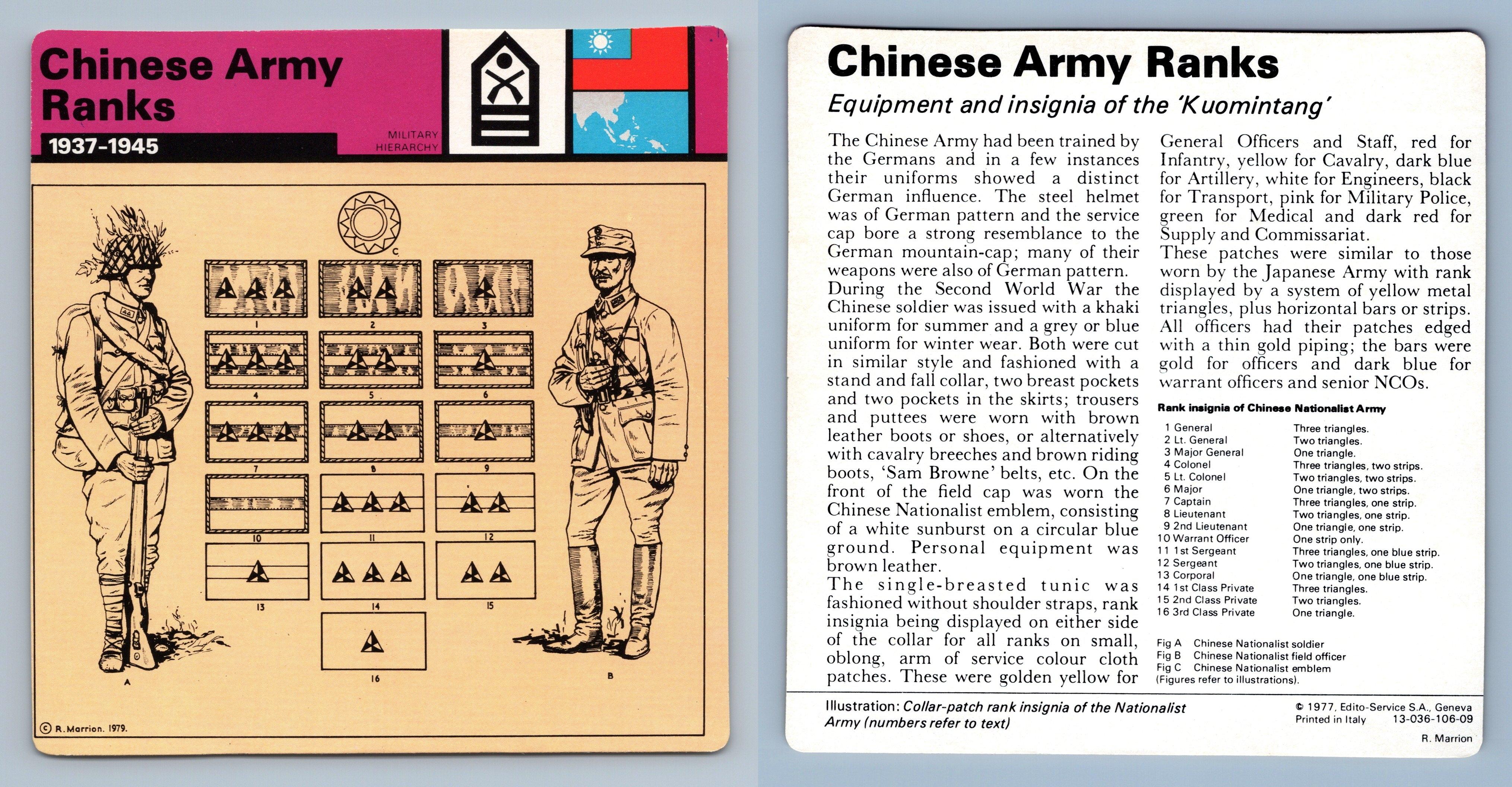 Chinese Army Ranks - 1937-45 - Military - WW2 Edito-Service SA 1977 Card