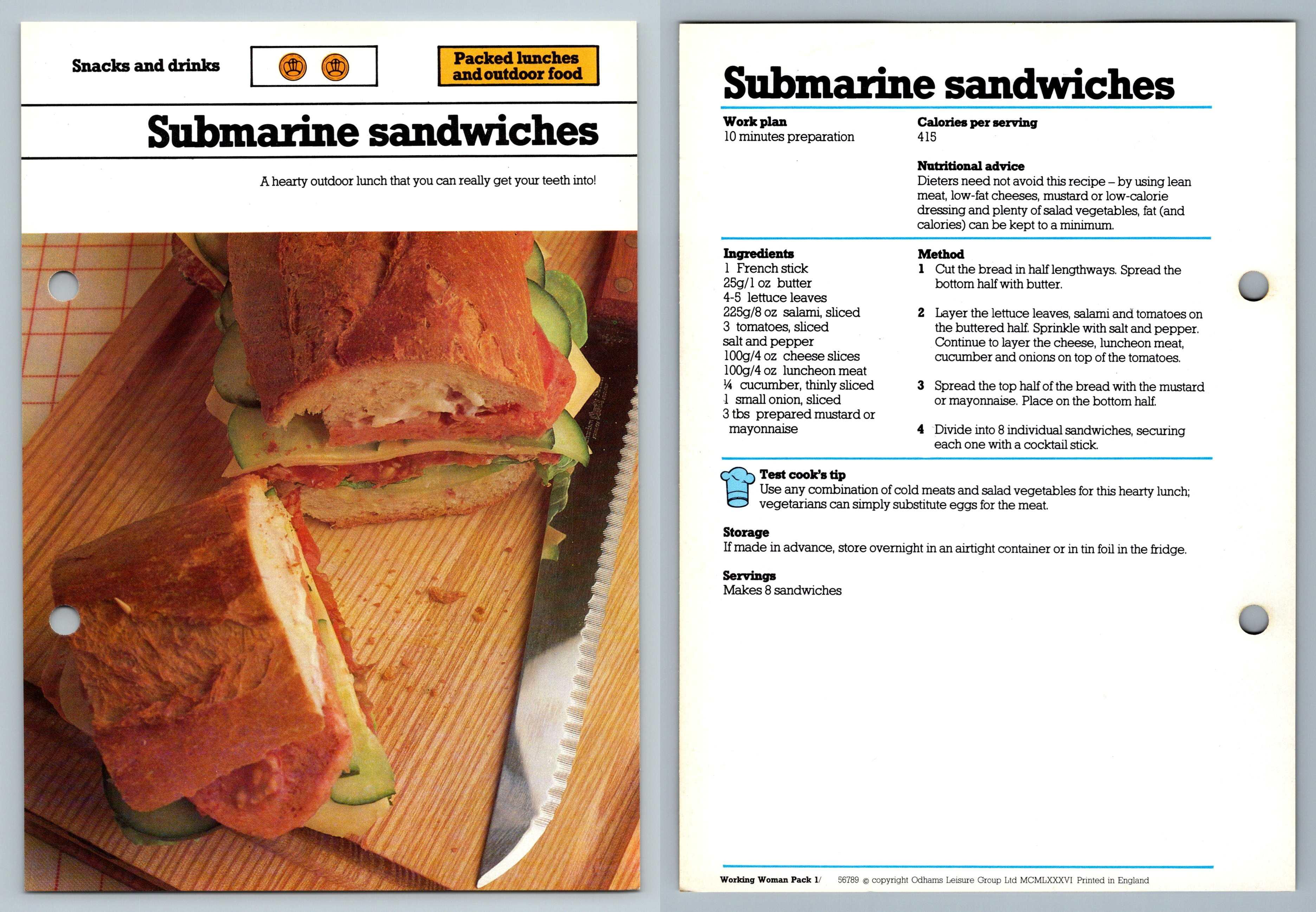Submarine Sandwiches - Snacks - Working Woman's 1980s Recipe Card