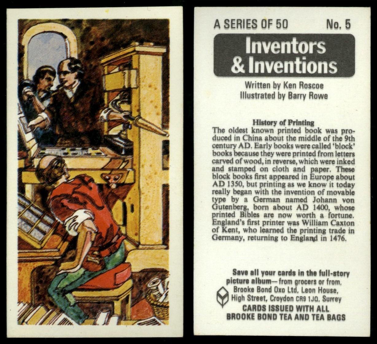 History Of Printing #5 Inventors & Inventions 1975 Brooke Bond Tea Card