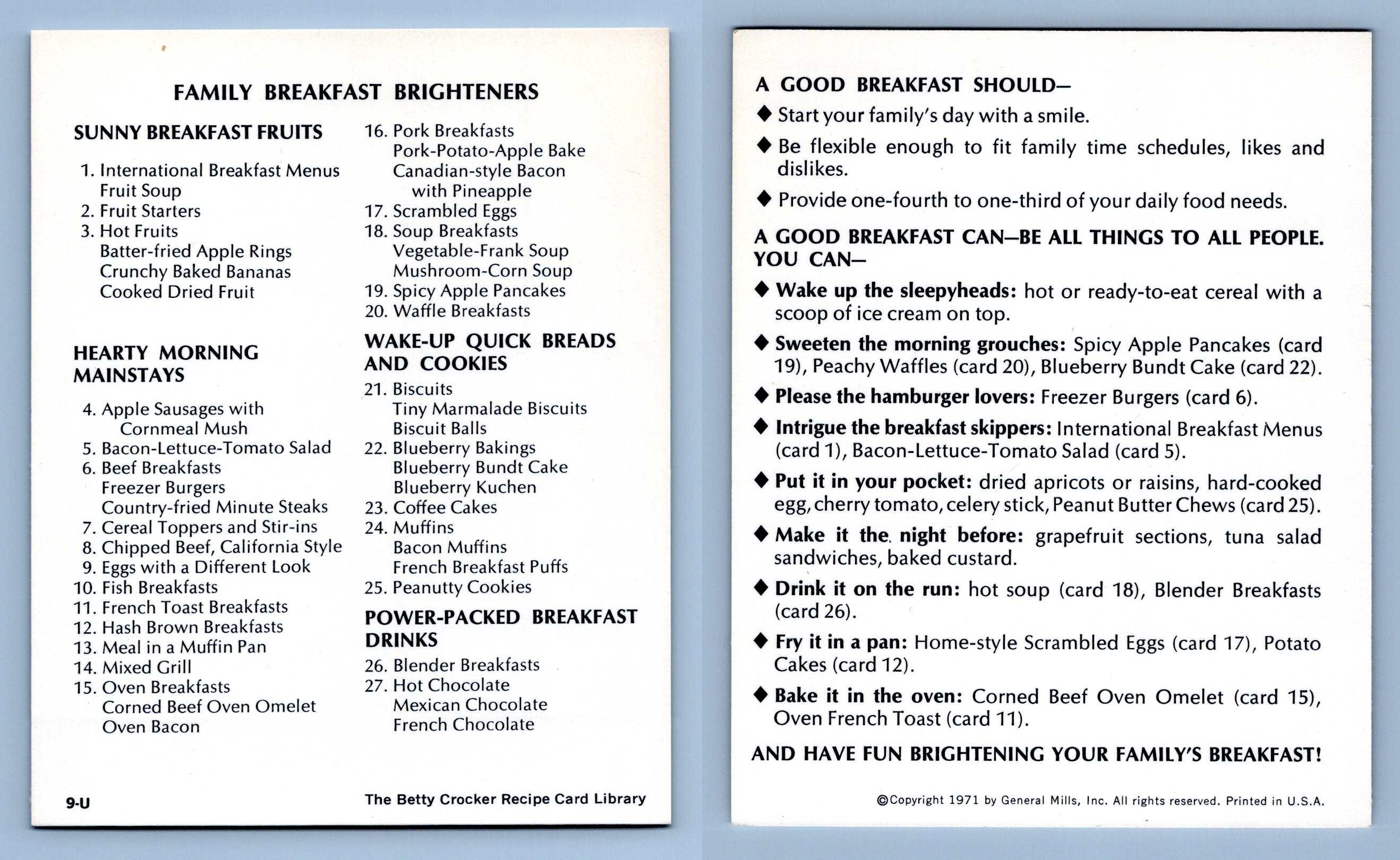 Index Card - Breakfast - Betty Crocker 1971 Recipe Card