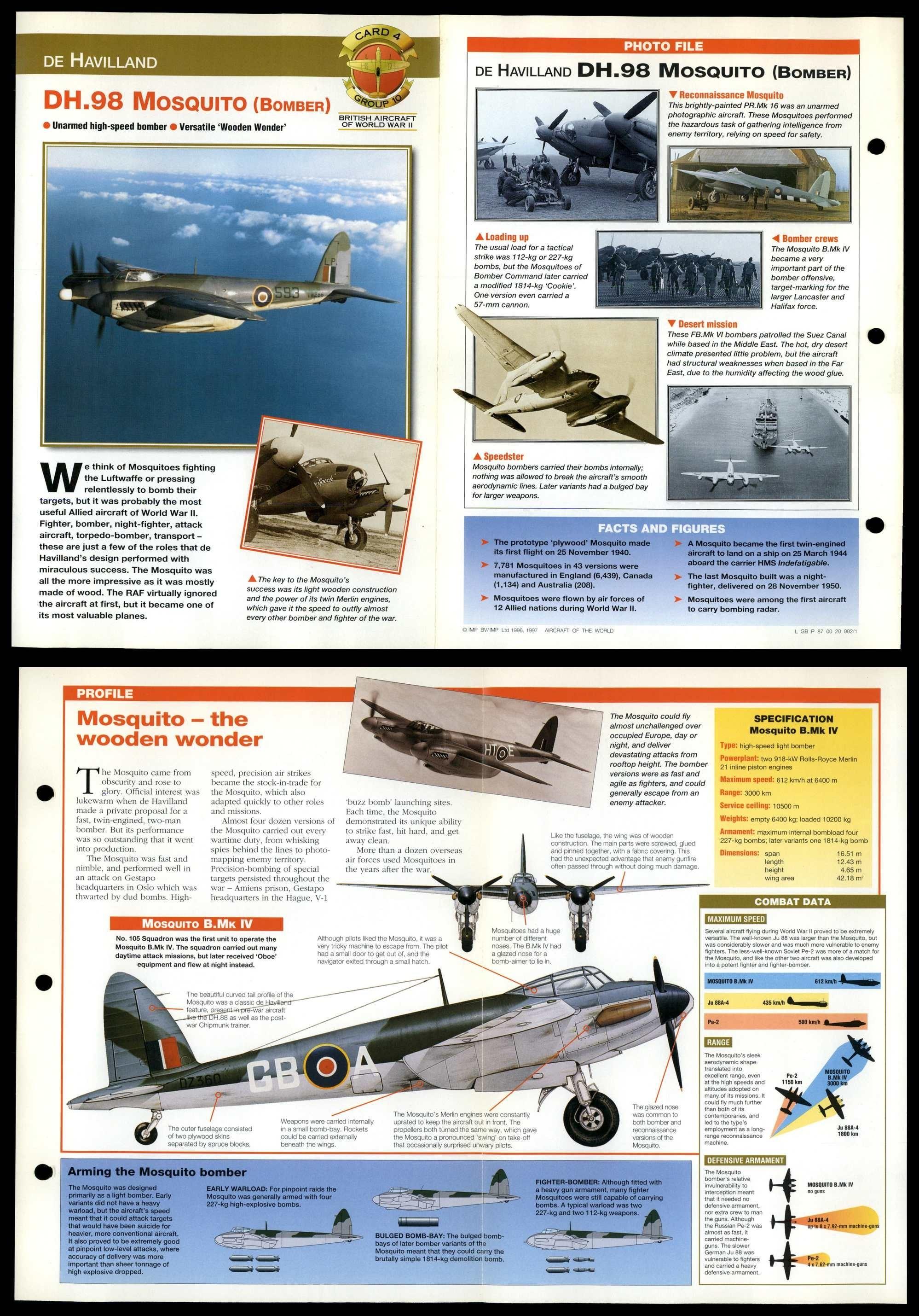 DH.98 Mosquito (Bomber) #4 British WWII Aircraft Of The World Fold-Out Card