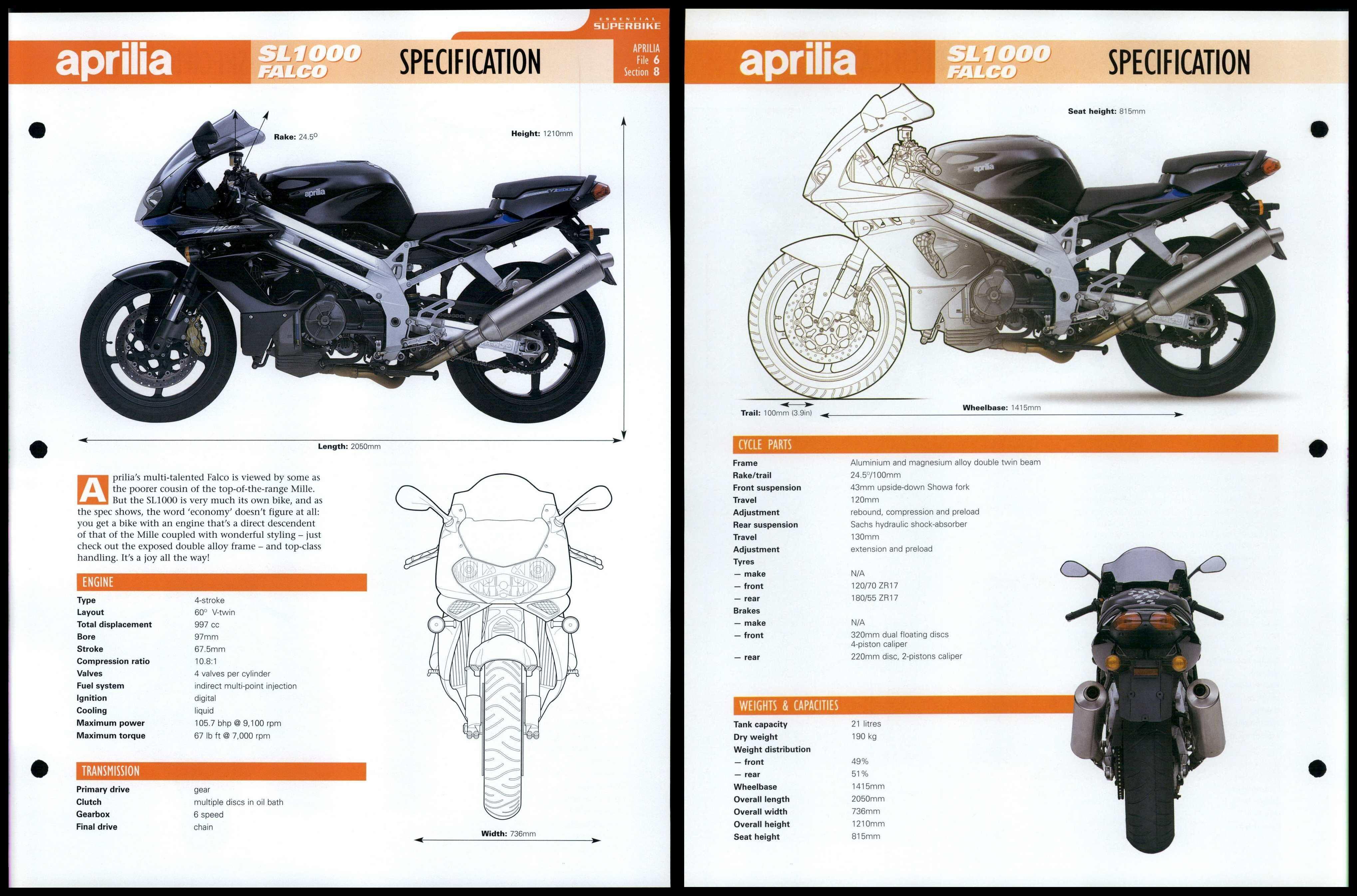 Aprilia SL1000 Falco - Specification - Essential Superbike Data File Page