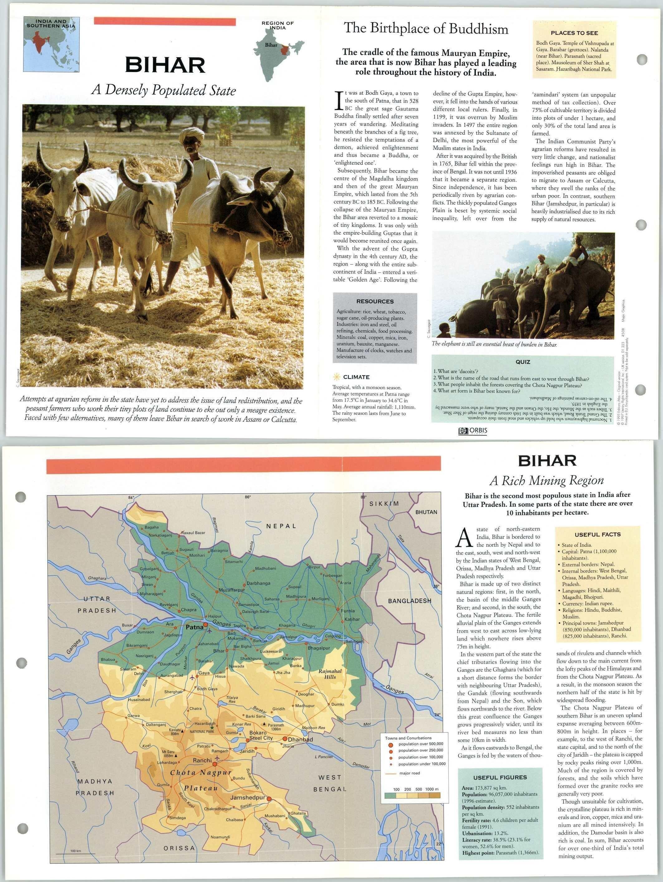 Bihar - India & South Asia - Atlas Of The World Fact File Fold-Out Page