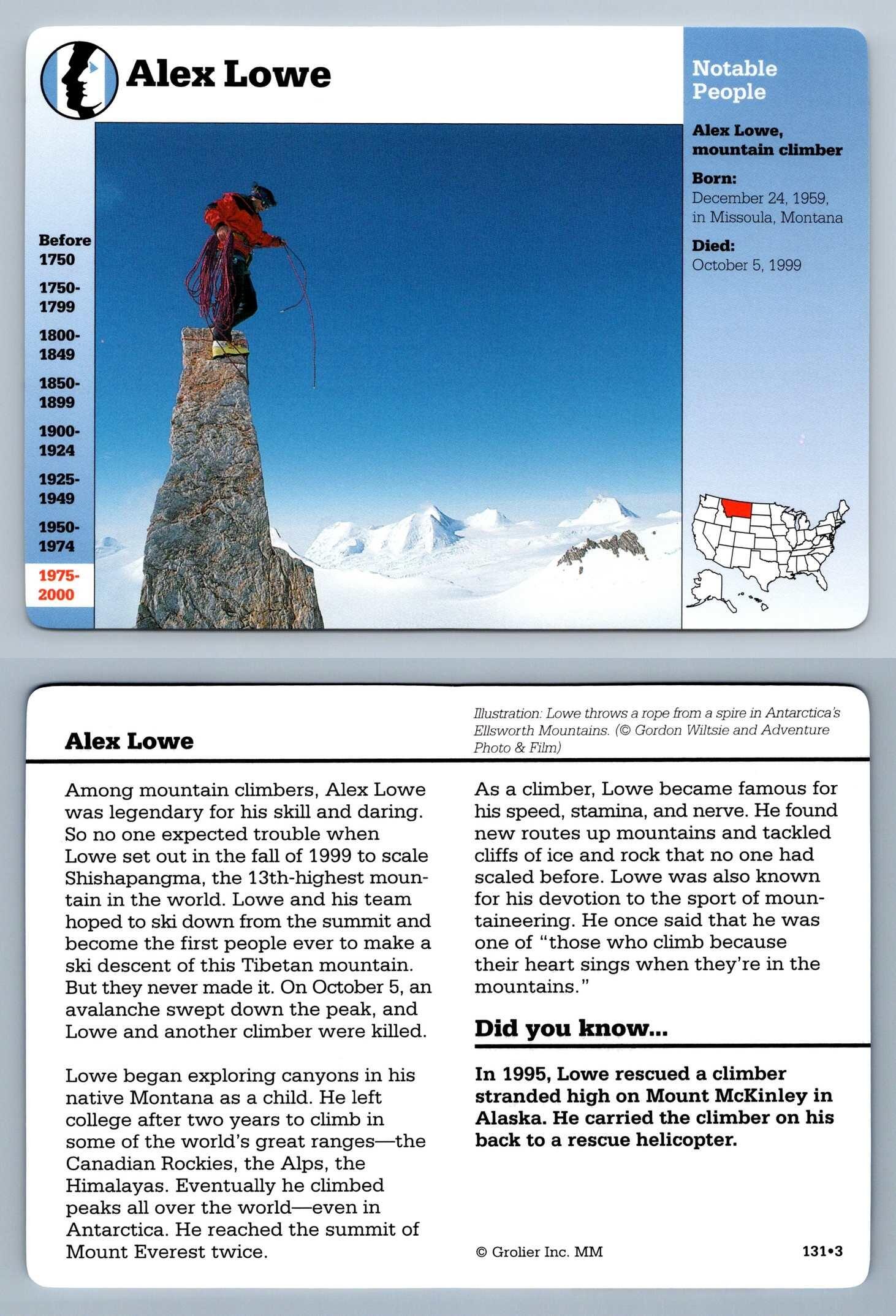 Alex Lowe #131.3 Notable People - Story Of America Grolier Card