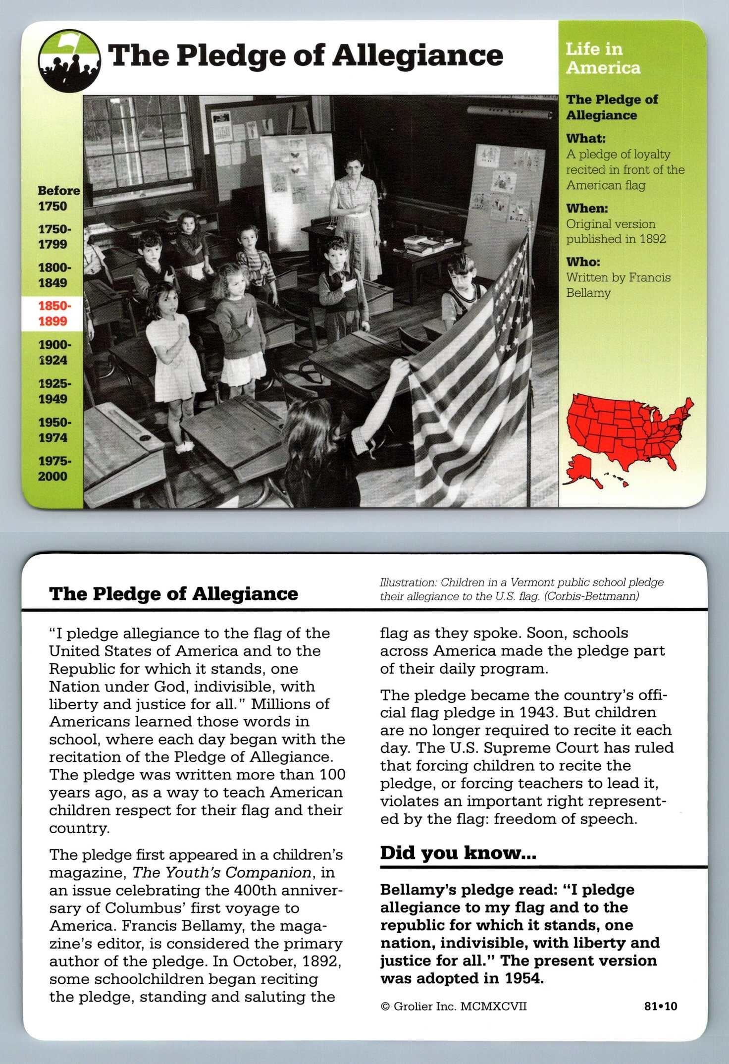 The Pledge Of Allegiance #81.10 - Life - Story Of America Grolier Card