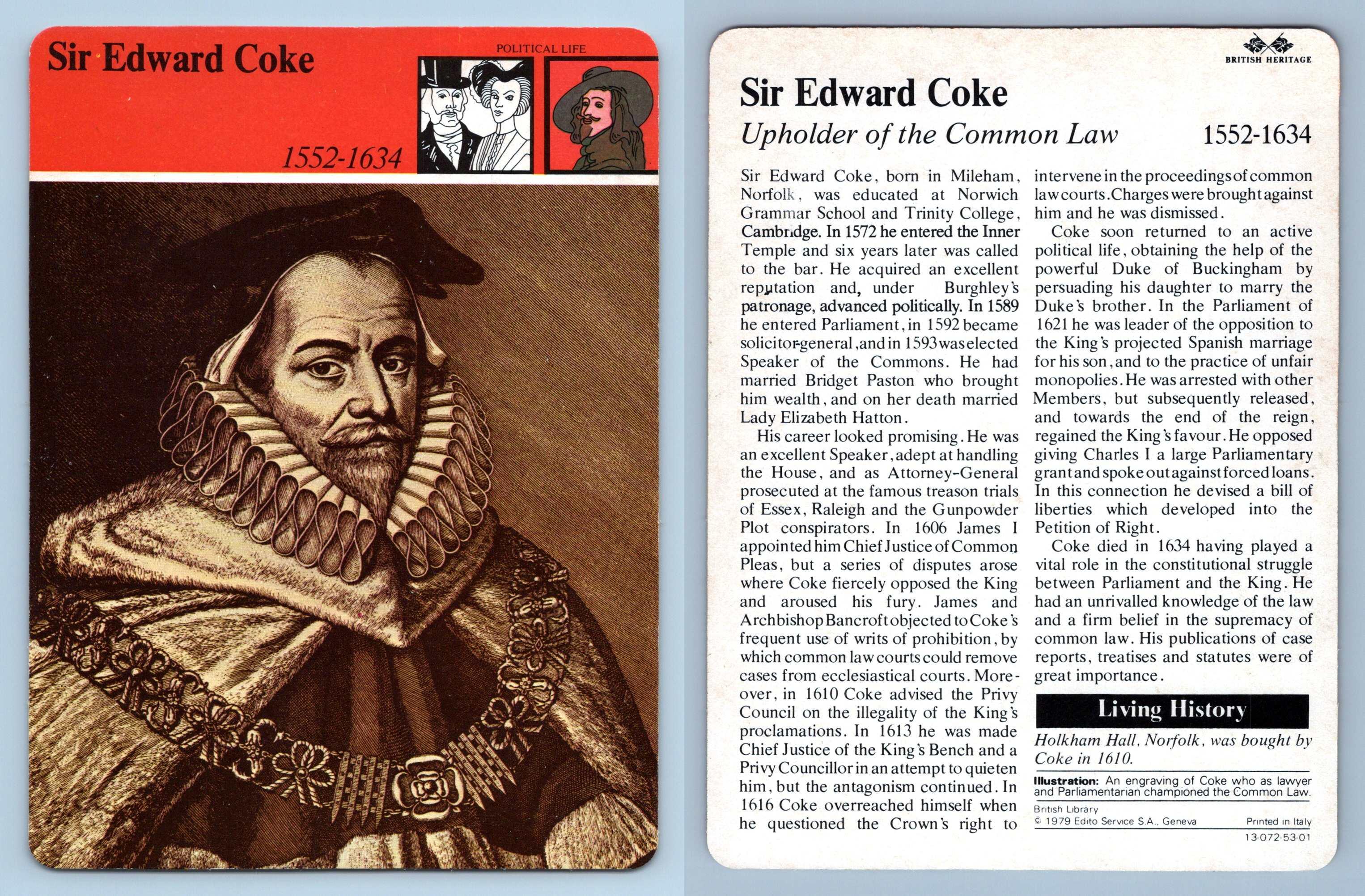 Sir Edward Coke - Political - British Heritage Edito-Service SA 1979 Card