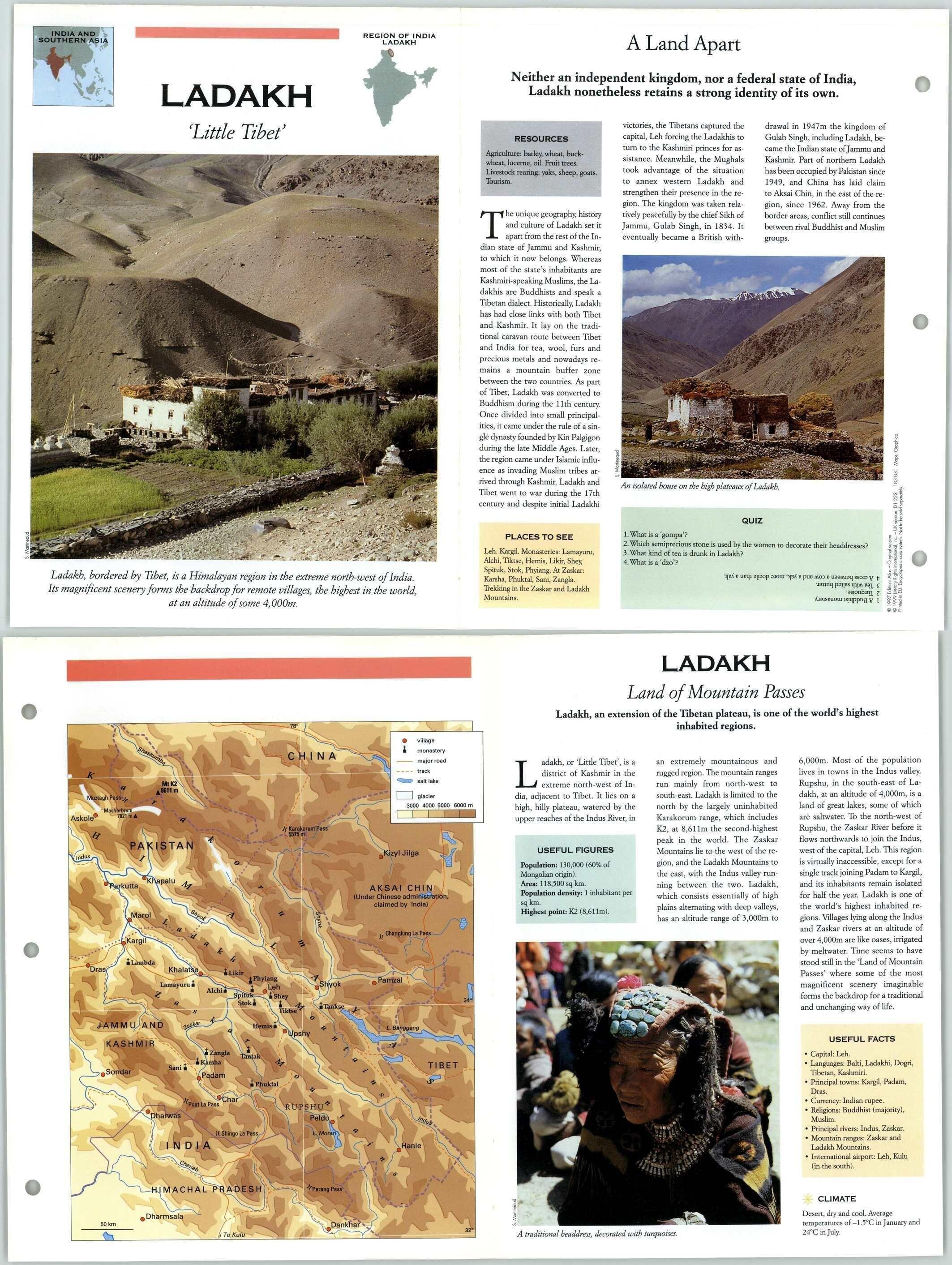 Ladakh - India & South Asia - Atlas Of The World Fact File Fold-Out Page