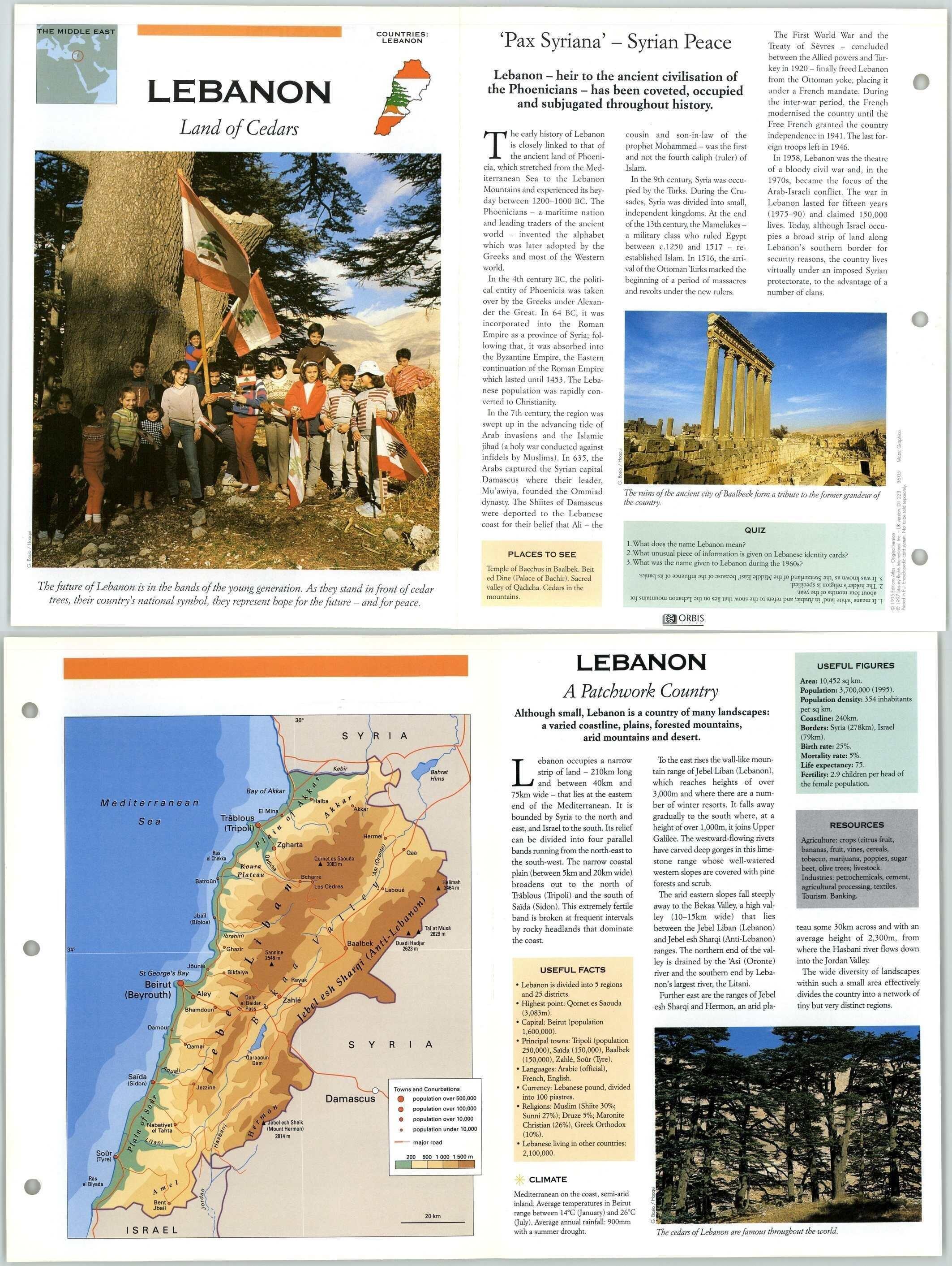 Lebanon - Middle East - Atlas Of The World Fact File Fold-Out Page