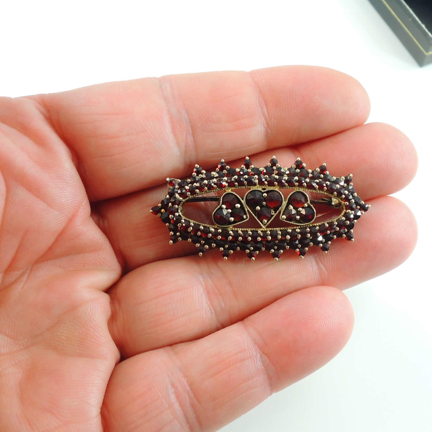Vintage Love Heart 900 Silver Gilt Bohemian Garnet Brooch