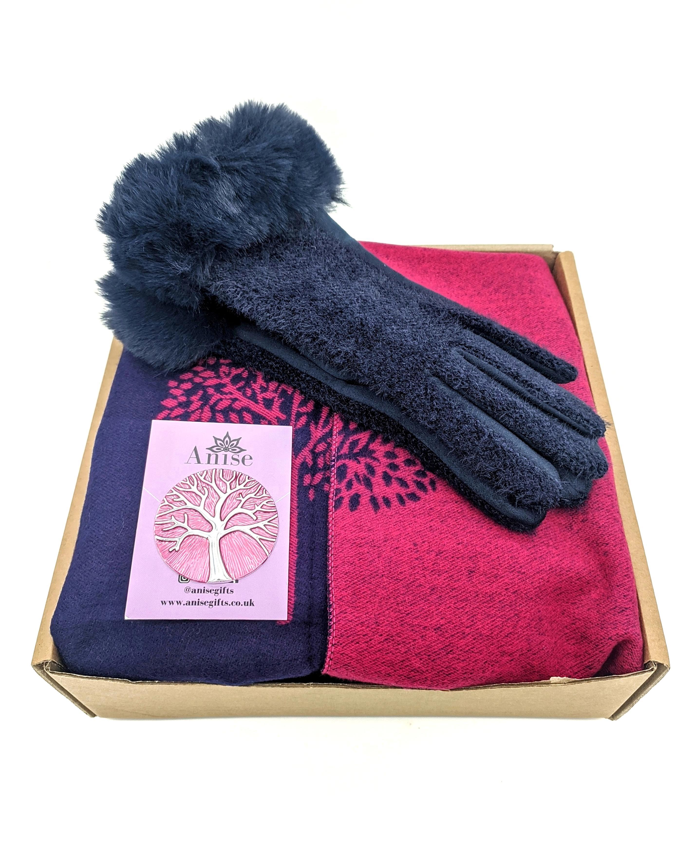 Navy and Pink Tree - Winter Scarf, Gloves and Brooch Gift Set