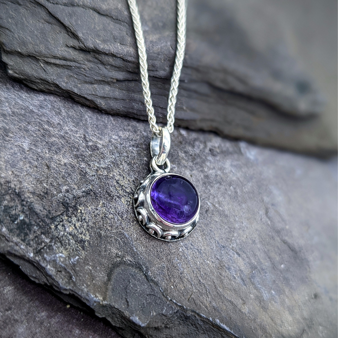 Round Amethyst, Sterling Silver, Indian Filigree, Pendant and Chain