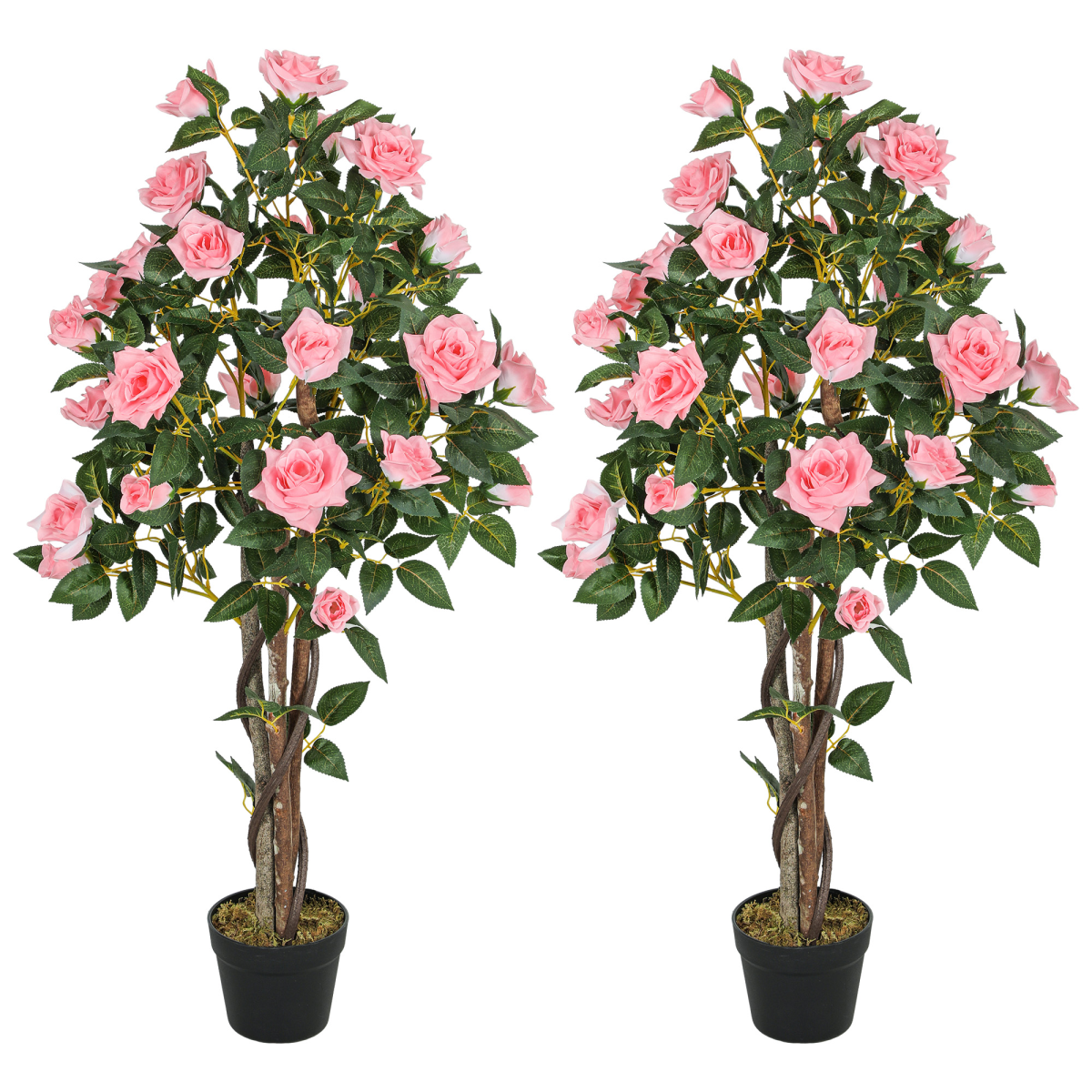 2 x Decorative Artificial Plants Rose Trees in Pot, Pink