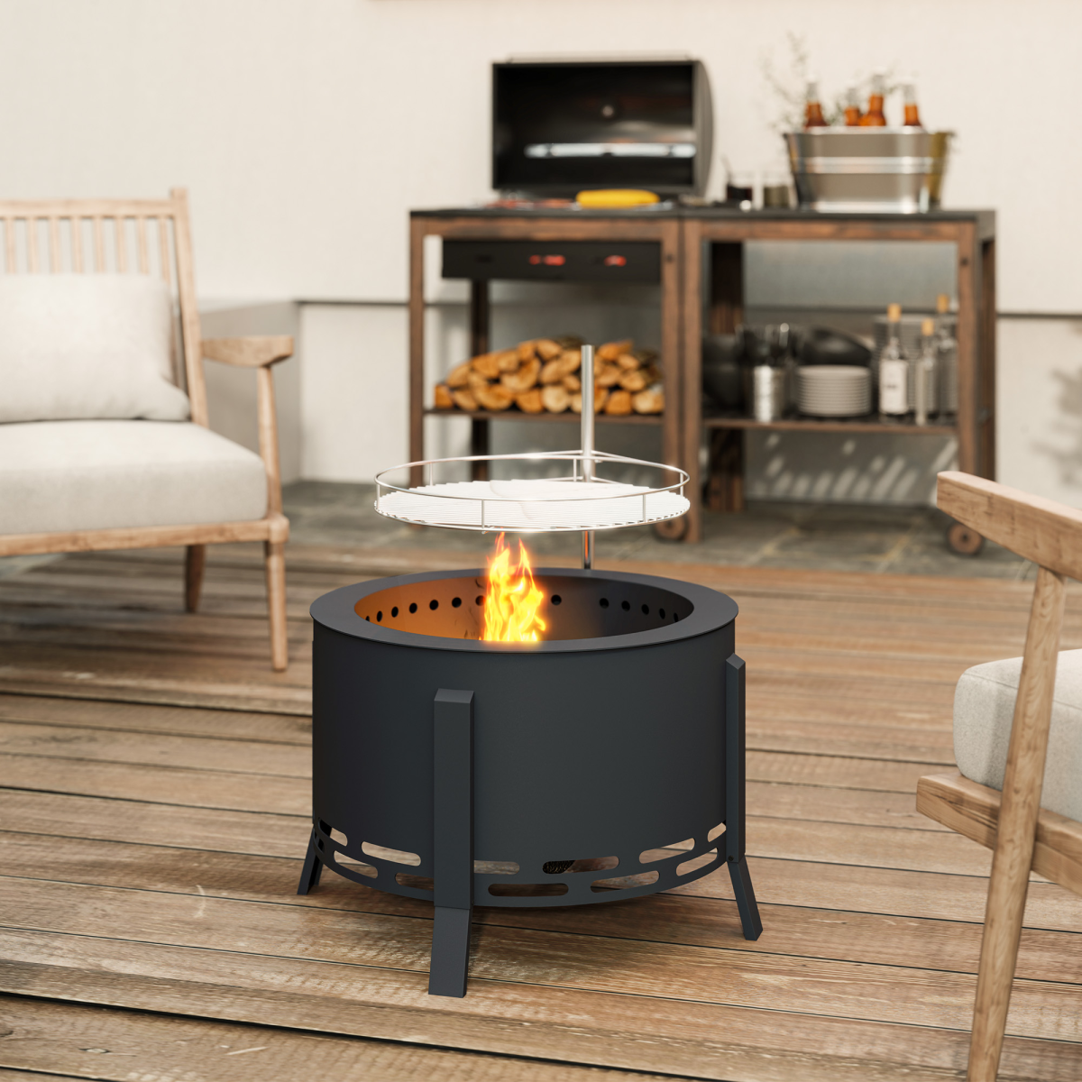 Portable Fire Pit, 58 cm Round Firepit with Grill Grate, Black