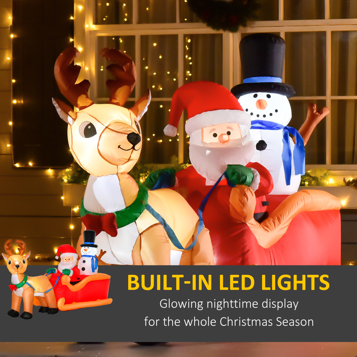 4ft Christmas Inflatable Santa Claus on Sleigh Deer LED Lighted Indoor ...