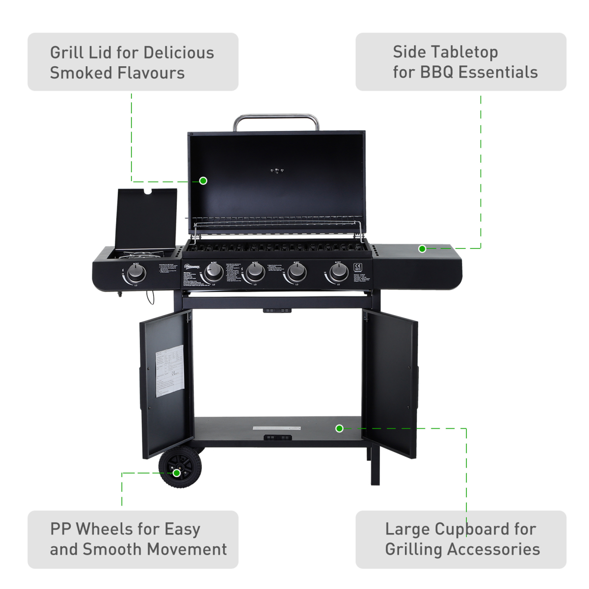 4 Gas BBQ Grill with Wheels, Steel Black