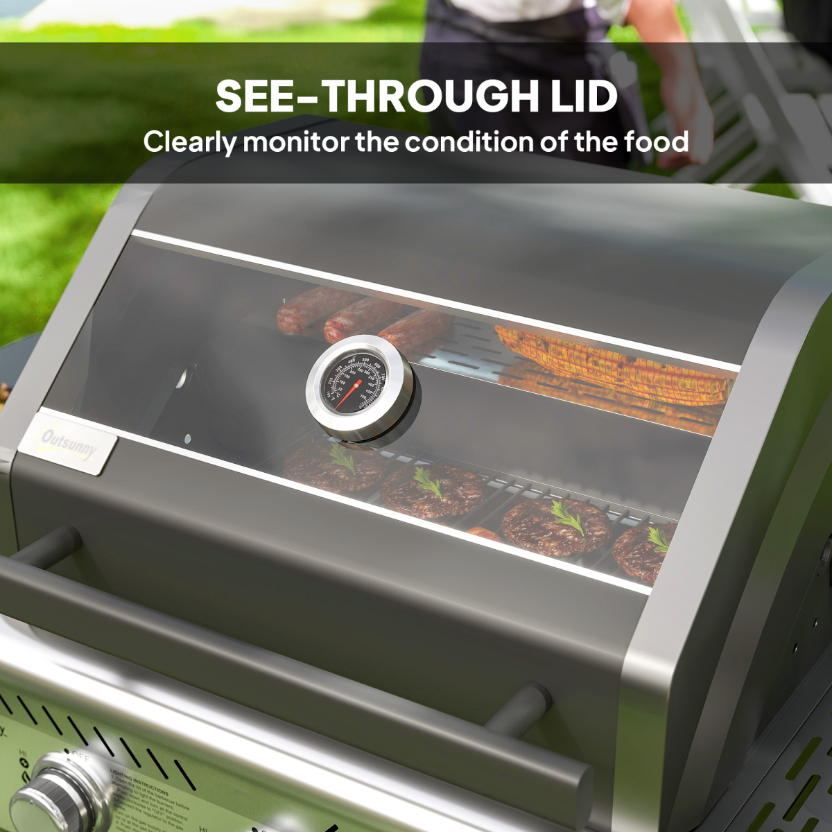 3 Burner Propane Gas BBQ Grill, See-through Lid
