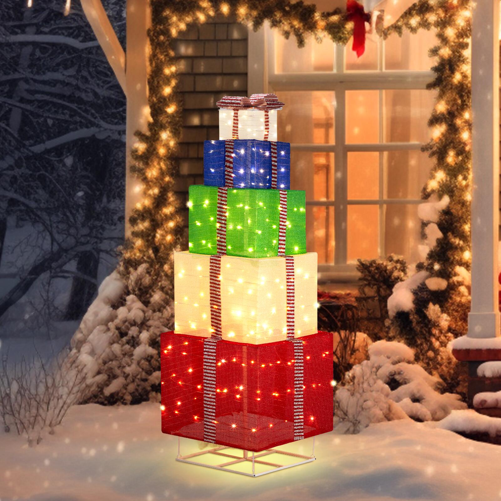 6FT Lighted Gift Box Tower, Pre-lit Pull Up Present Boxes