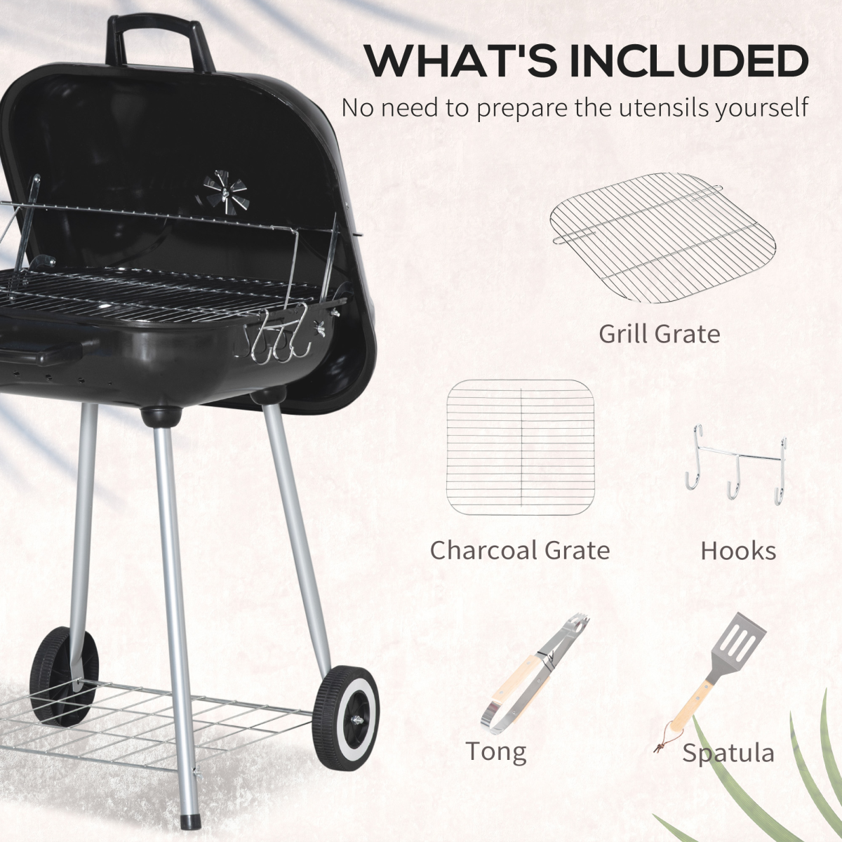 BBQ Charcoal Smoker Grill Trolley & Utensils