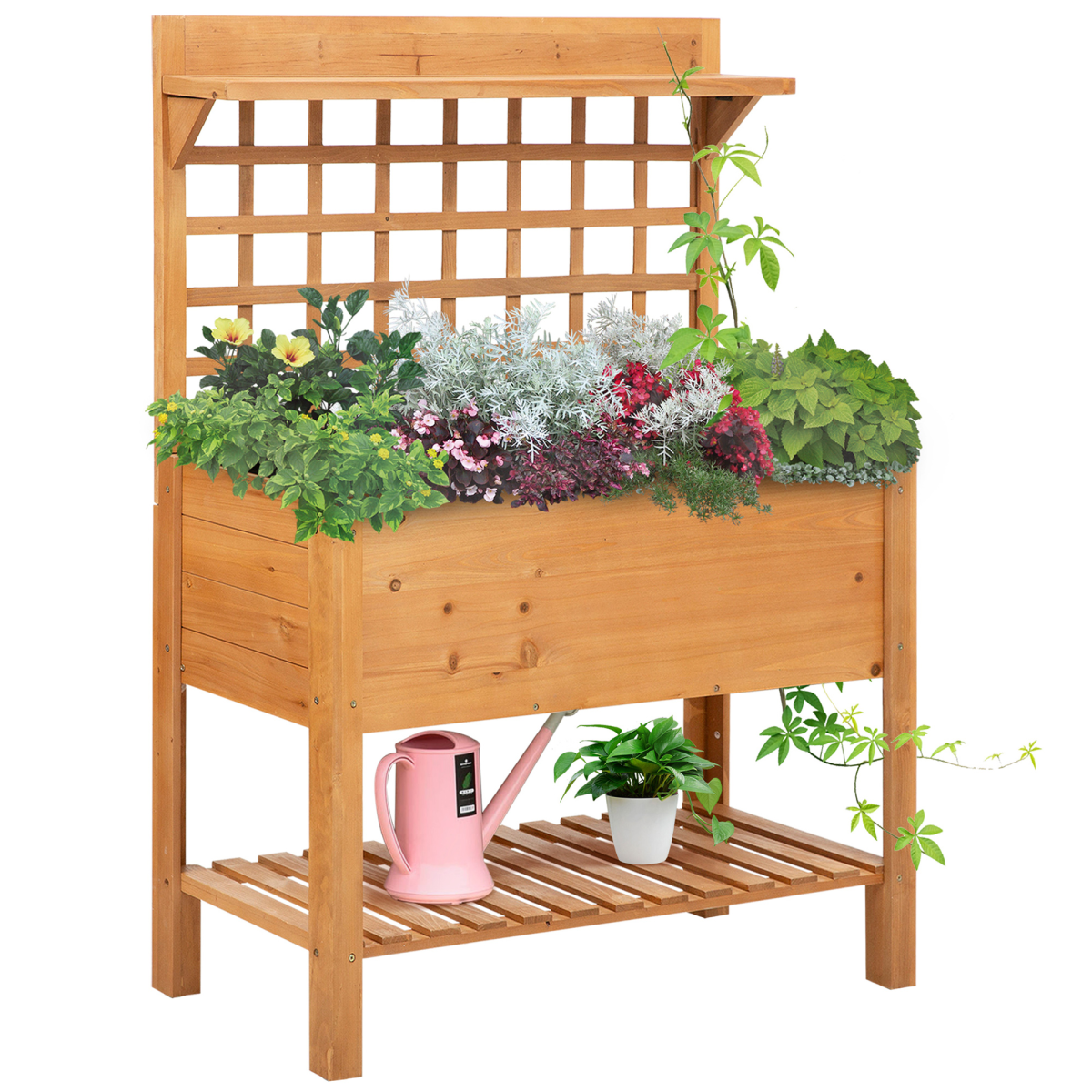 Wooden Planter Raised Elevated Bed Planter Flower with 2 Shelves
