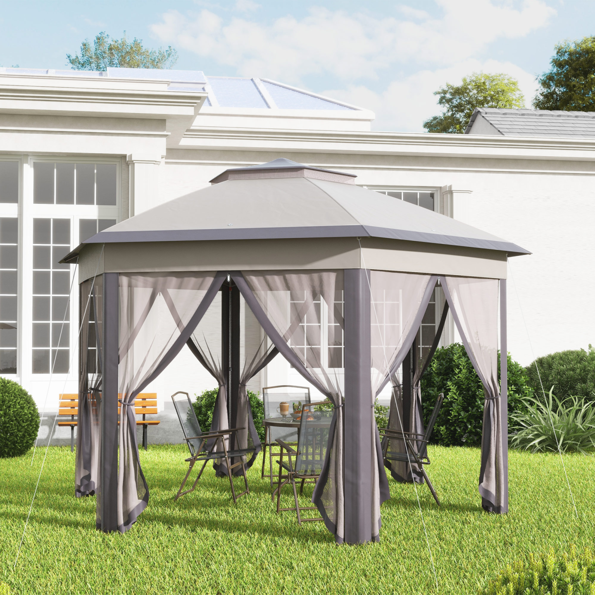 4m x 4m Metal Frame Mesh Draped 2-Tier Roof Gazebo