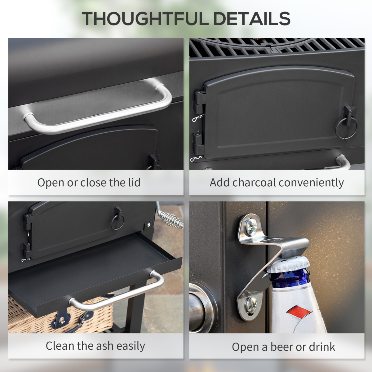 Charcoal Grill BBQ Adjustable Height & Thermometer