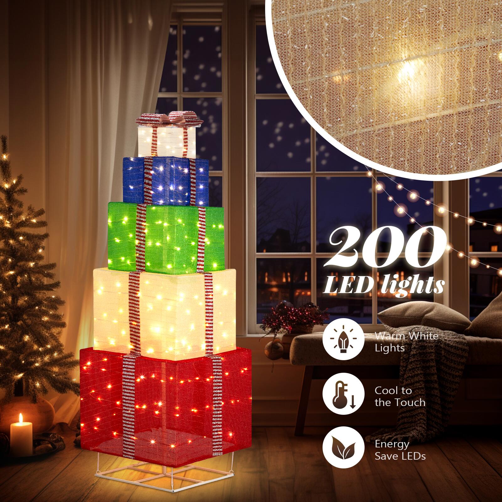 6FT Lighted Gift Box Tower, Pre-lit Pull Up Present Boxes