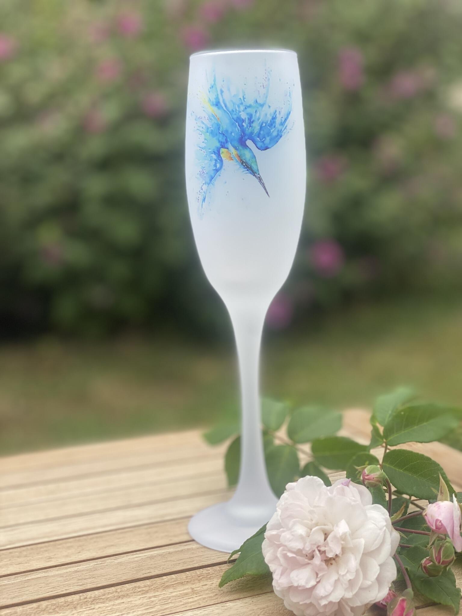 Kingfisher Champagne Flute | Frosted Glass Gifts | Gekko Art Watercolours