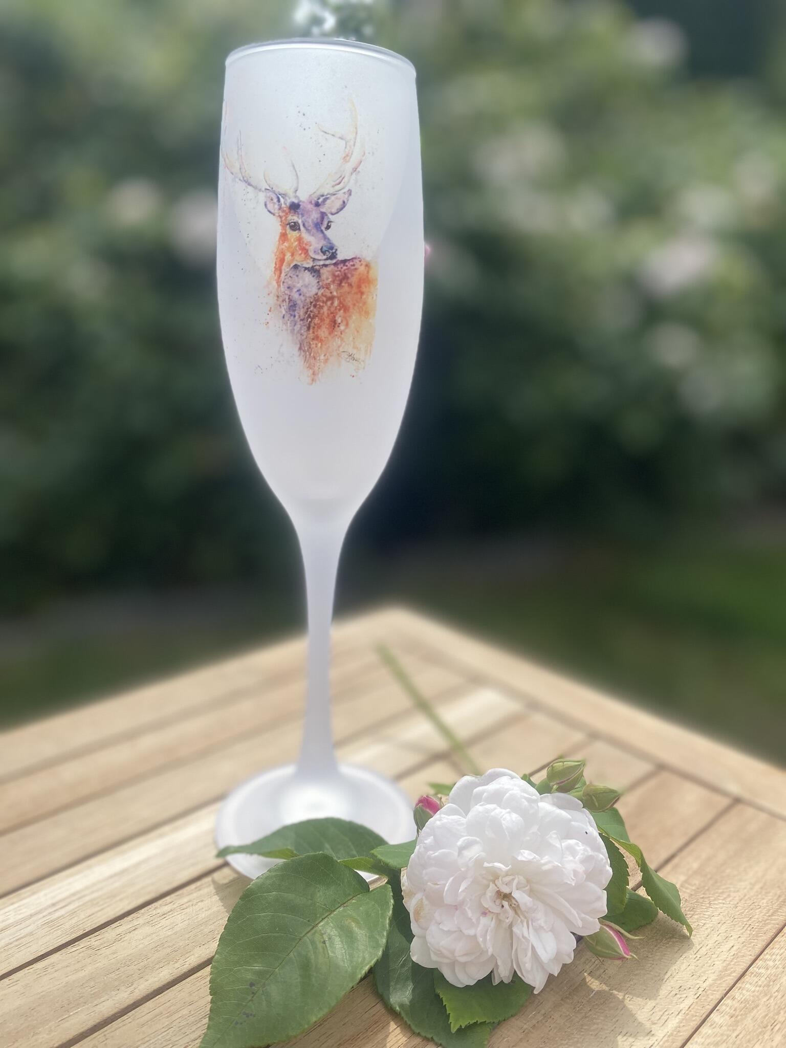Stag Champagne Flute | Frosted Glass Gifts | Gekko Art Watercolours
